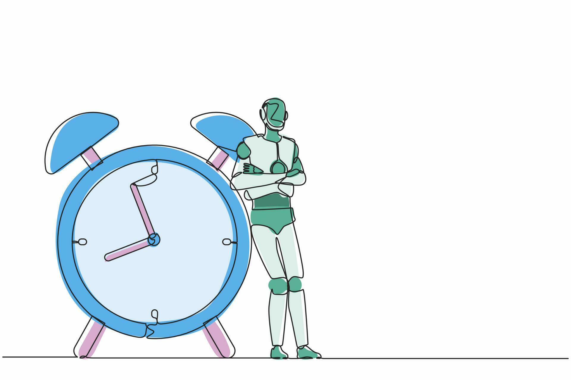 Single One Line Drawing Robots Lean On Huge Alarm Clock Modern Robotics Artificial Intelligence