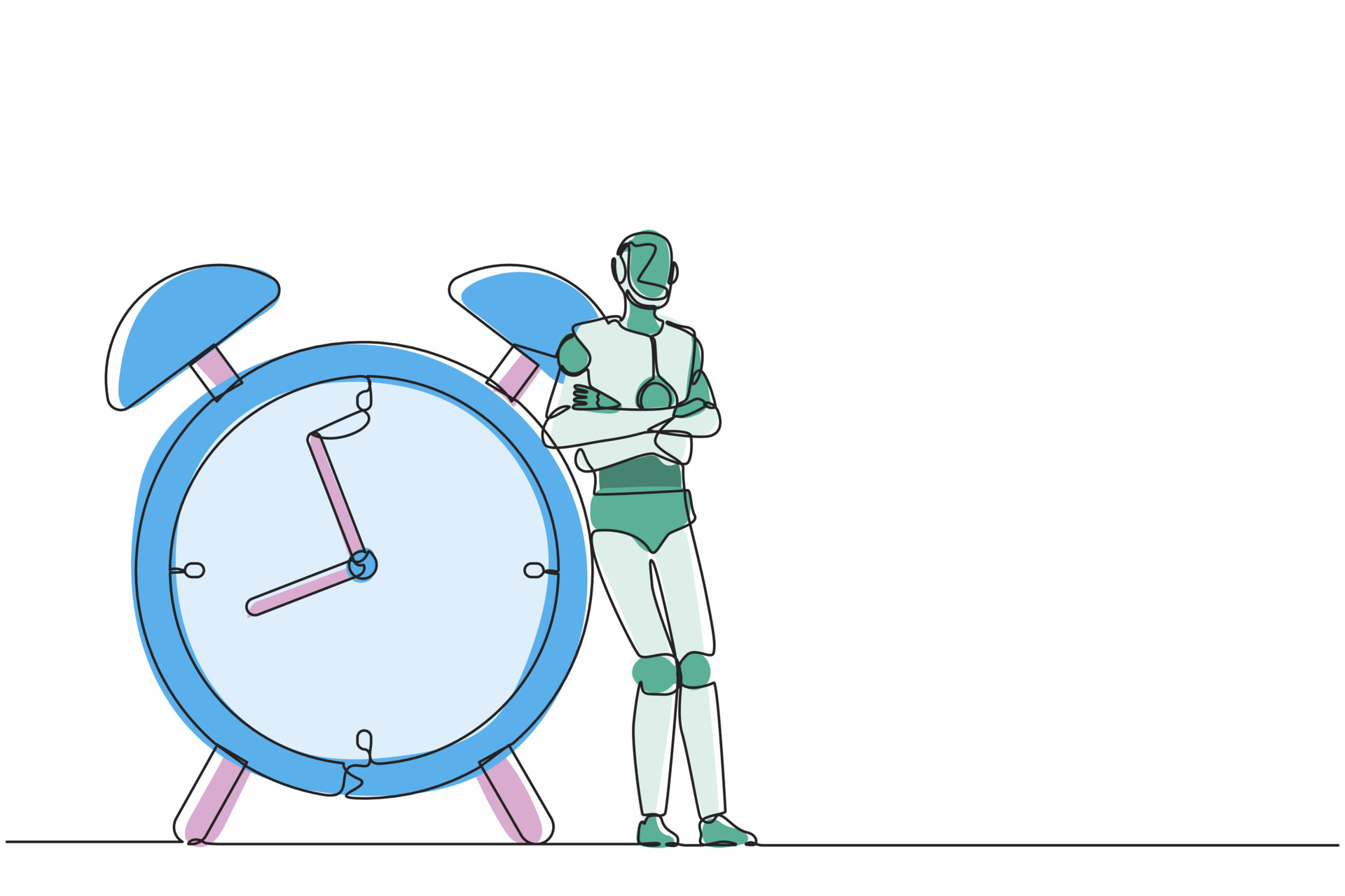 Single One Line Drawing Robots Lean On Huge Alarm Clock Modern