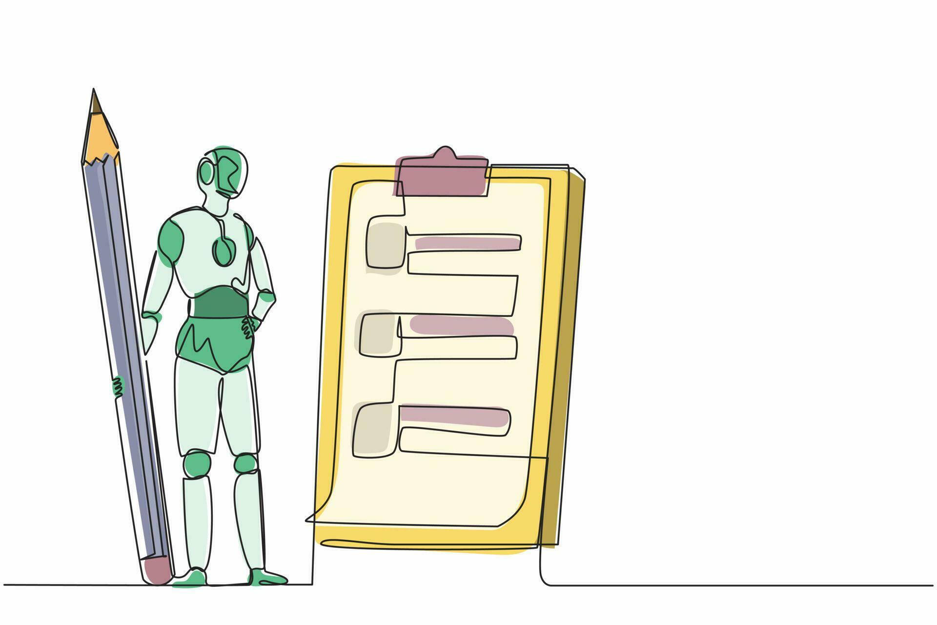 Single continuous line drawing robots holding big pencil and looking clipboard. Modern robotics ...