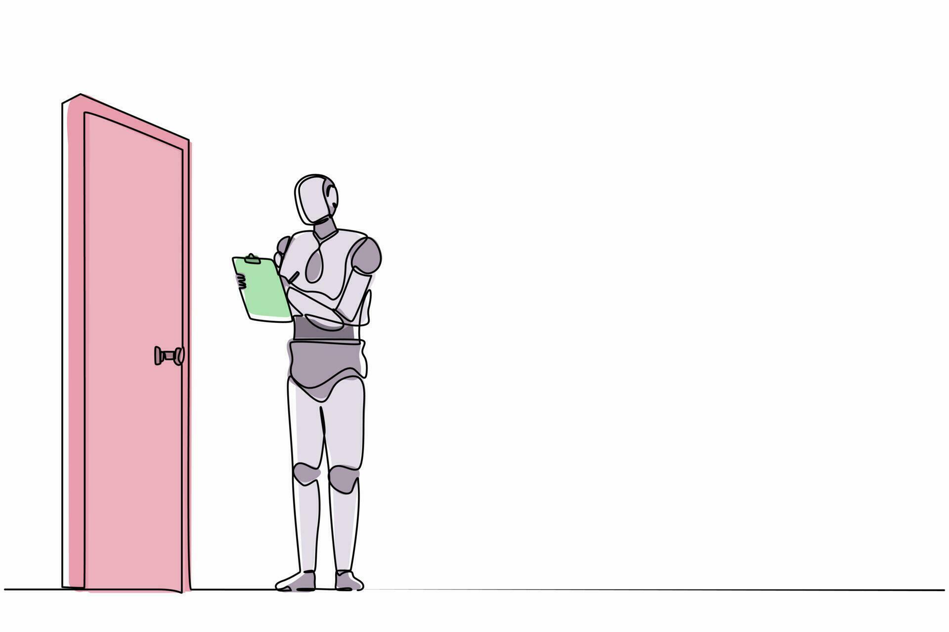 Continuous One Line Drawing Robots Standing In Front Of Door And Writing On Clipboard Humanoid