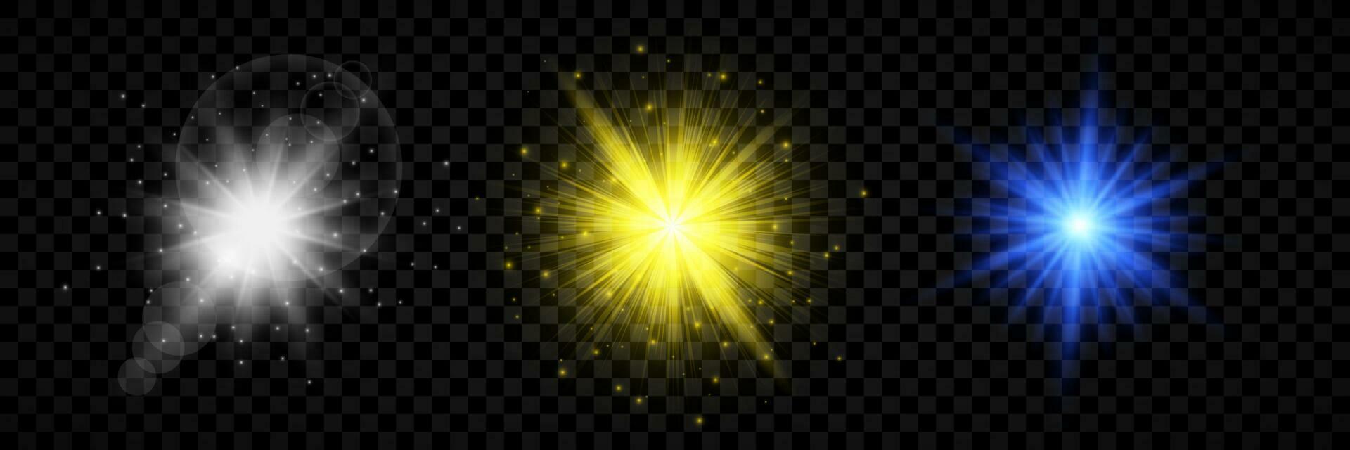 Light effect of lens flares. Set of three white, yellow and blue glowing lights starburst ...
