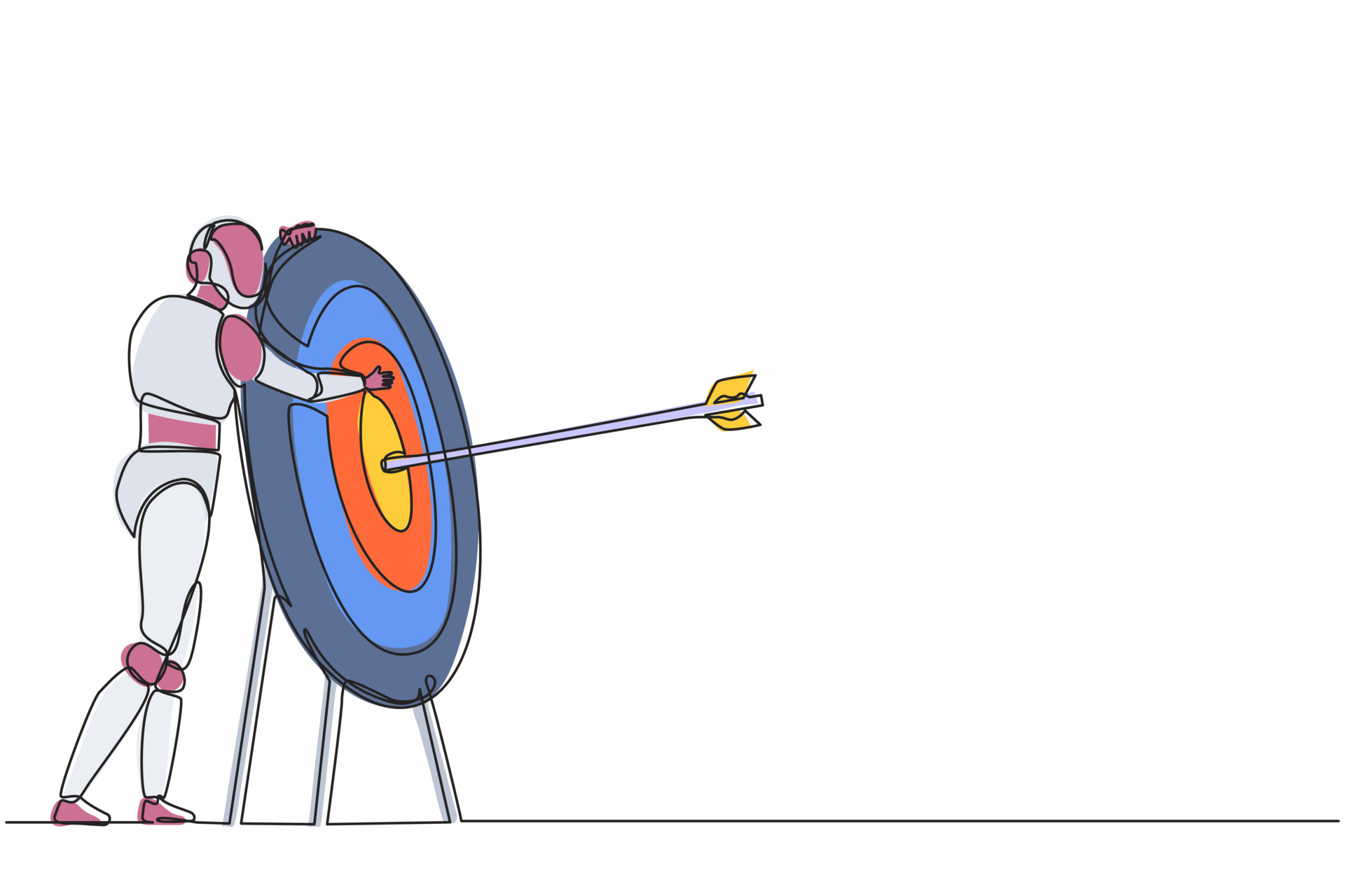Single Continuous Line Drawing Robots Hugging Huge Target With Arrow On Target Modern Robotics