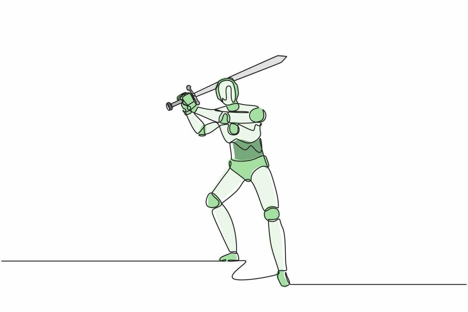Continuous one line drawing robots standing and swinging big sword gesture. Humanoid robot ...