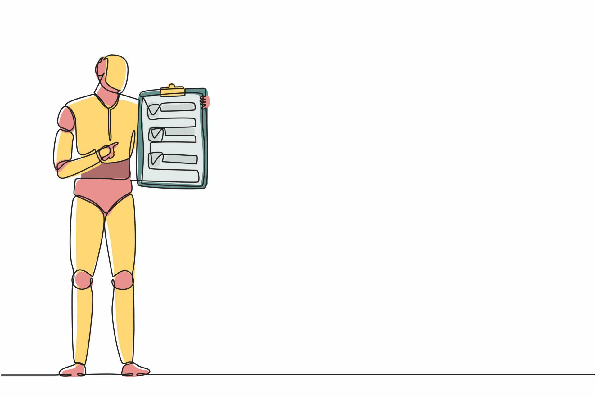 Single continuous line drawing robots standing and pointing clipboard ...