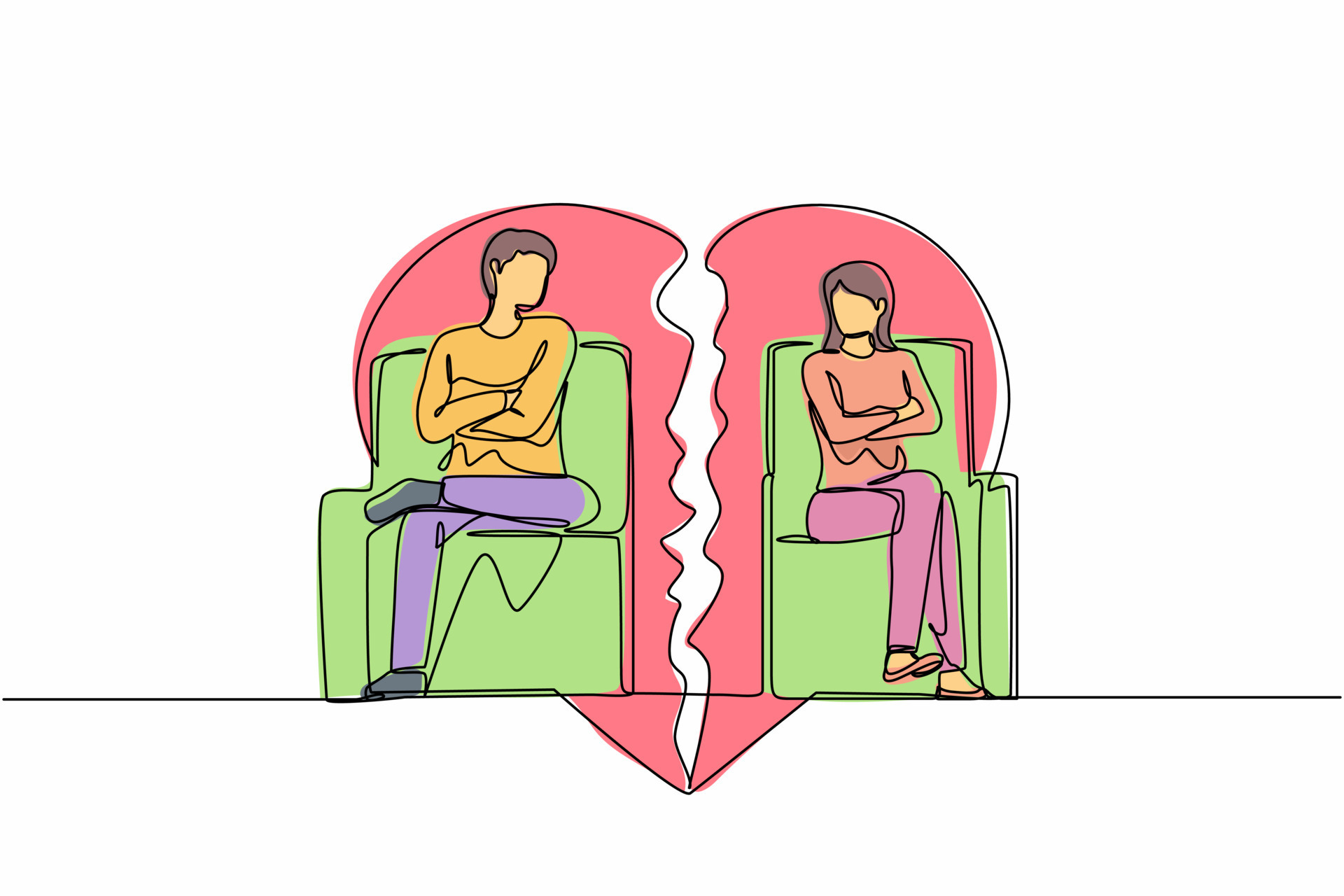 Single Continuous Line Drawing Unhappy Stubborn Couple Sit Separate On