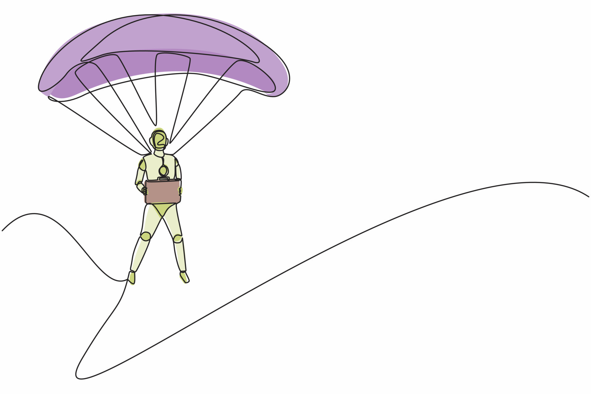 Single One Line Drawing Robots Jump With Parachute And Holding