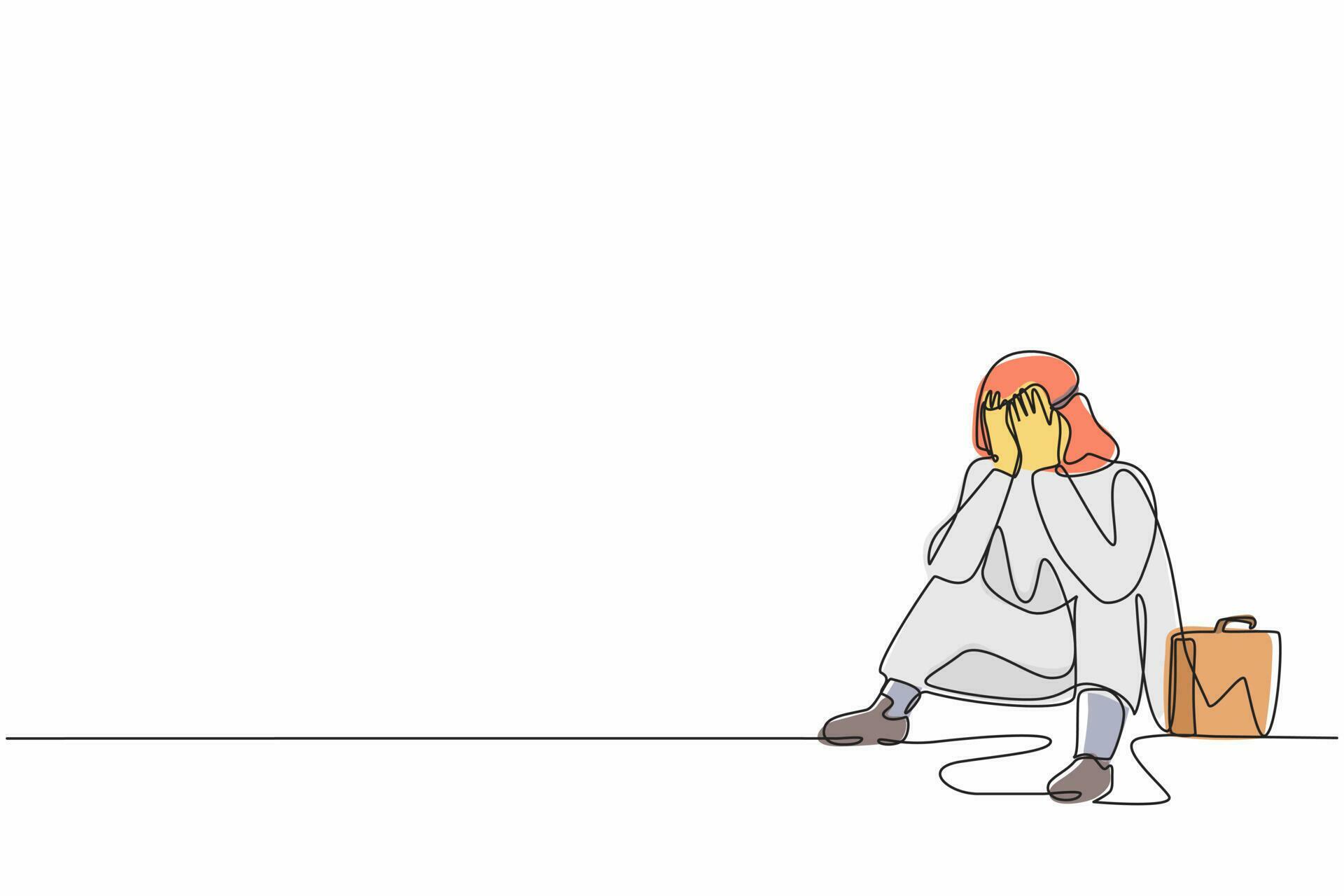 Continuous one line drawing sad Arab businessman cover his face by ...