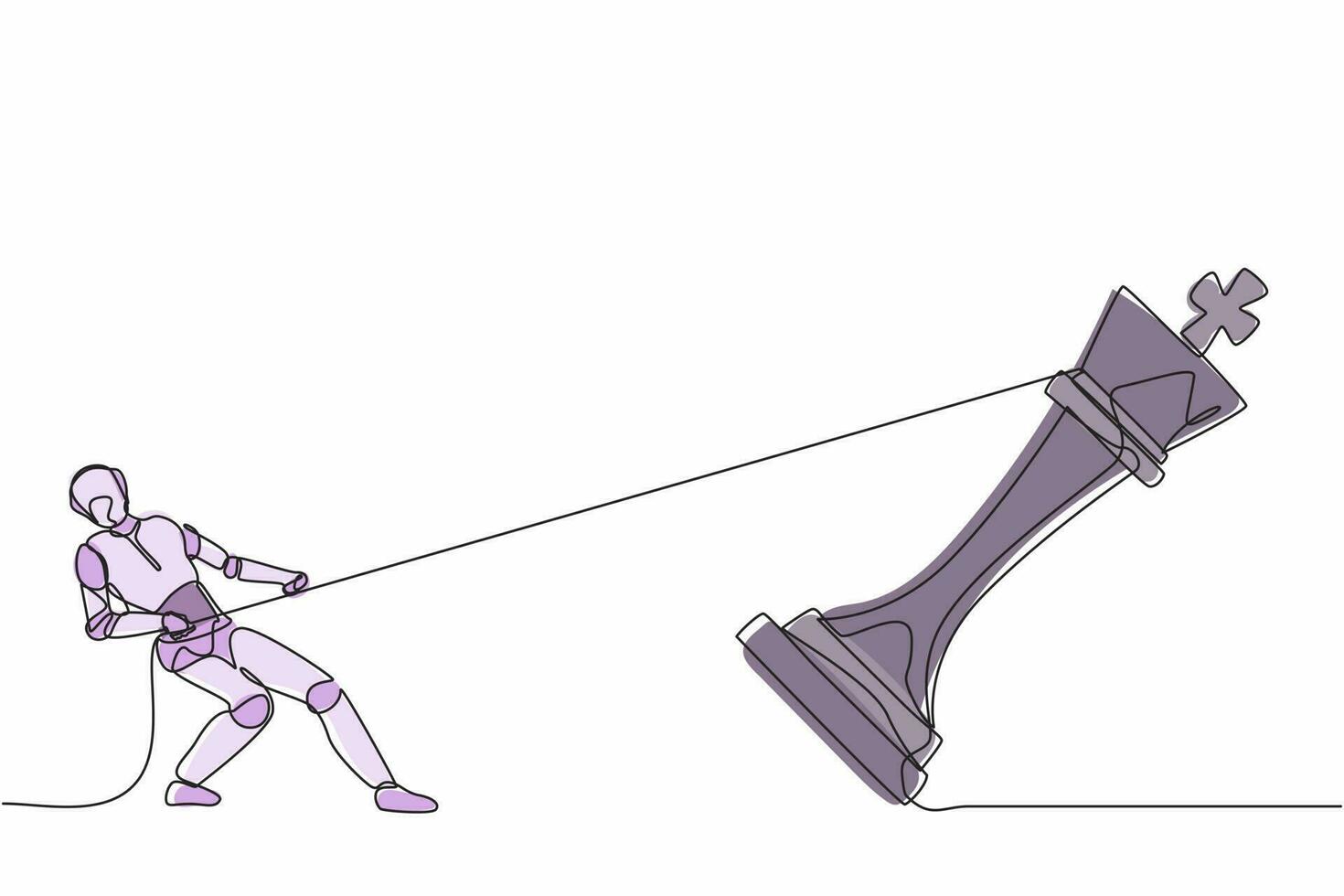 Continuous one line drawing robots standing and pulling big king chess ... Continuous one line drawing robots standing and pulling big king chess ...