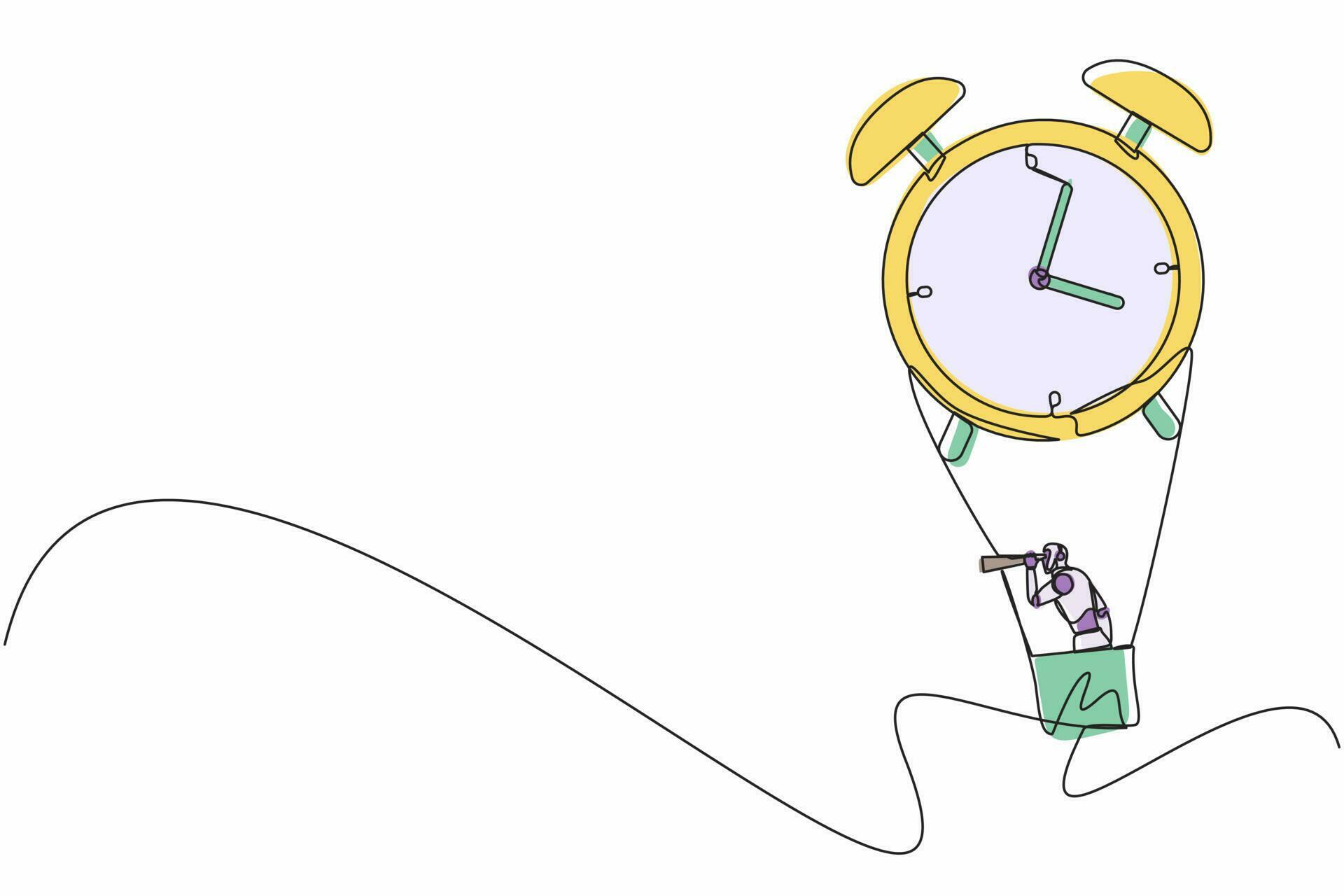 Single One Line Drawing Robots In Hot Air Balloon With Alarm Clock Looking With Telescope Or