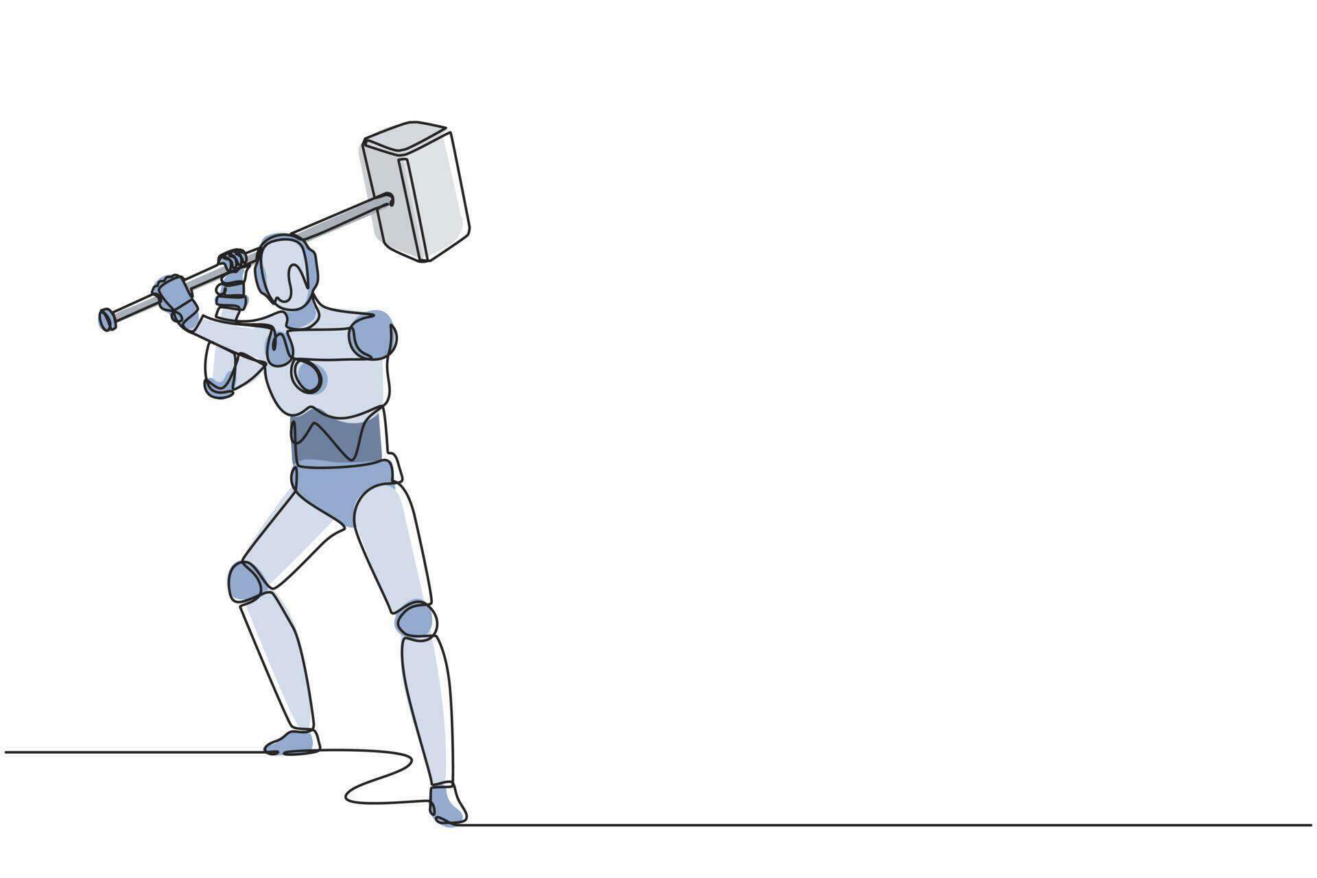 Continuous one line drawing robot standing and swinging big hammer gesture. Humanoid robot ...