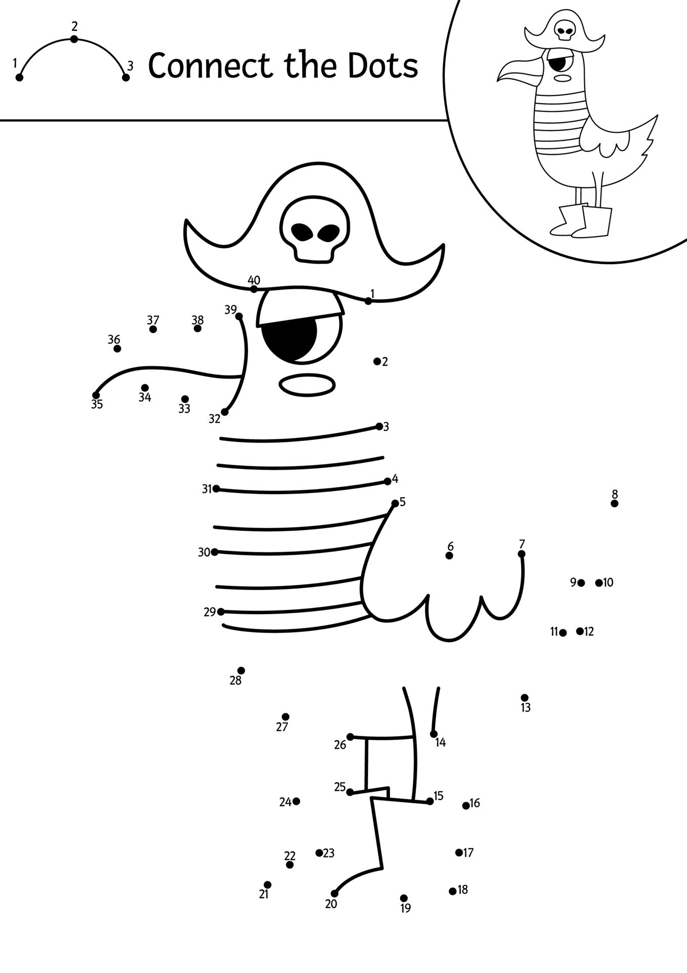 Vector dot-to-dot and color activity with cute pirate seagull. Treasure ...