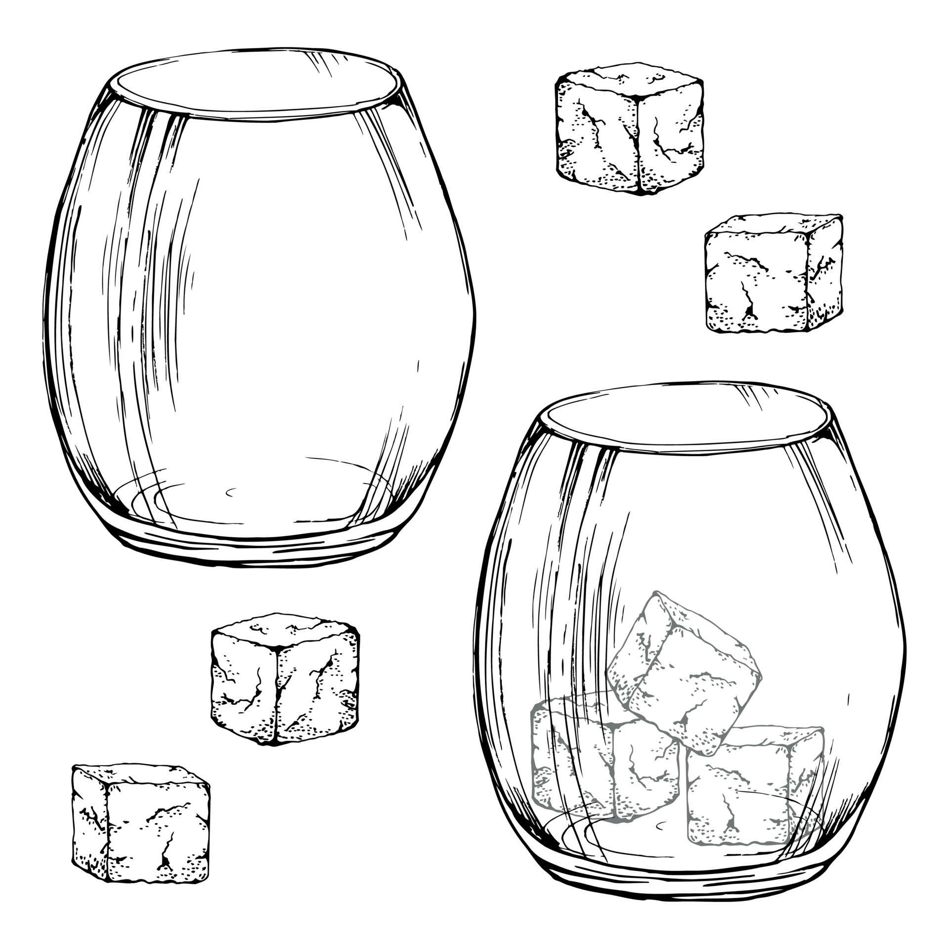 Ink Hand Drawn Vector Sketch Of Isolated Object Scotch Whisky Whiskey Empty Glass With Rocks