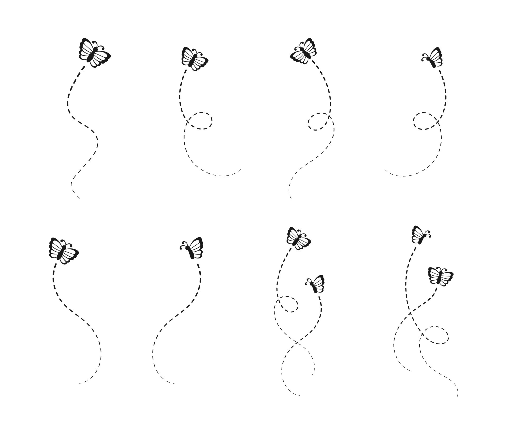 Butterfly Silhouette Set Flying Butterflies With Flight Route Path
