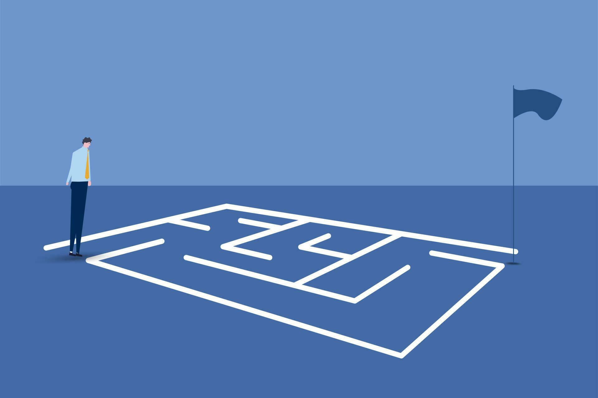 Business solution concept with businessman standing in front of maze, labyrinth. Symbol of ...