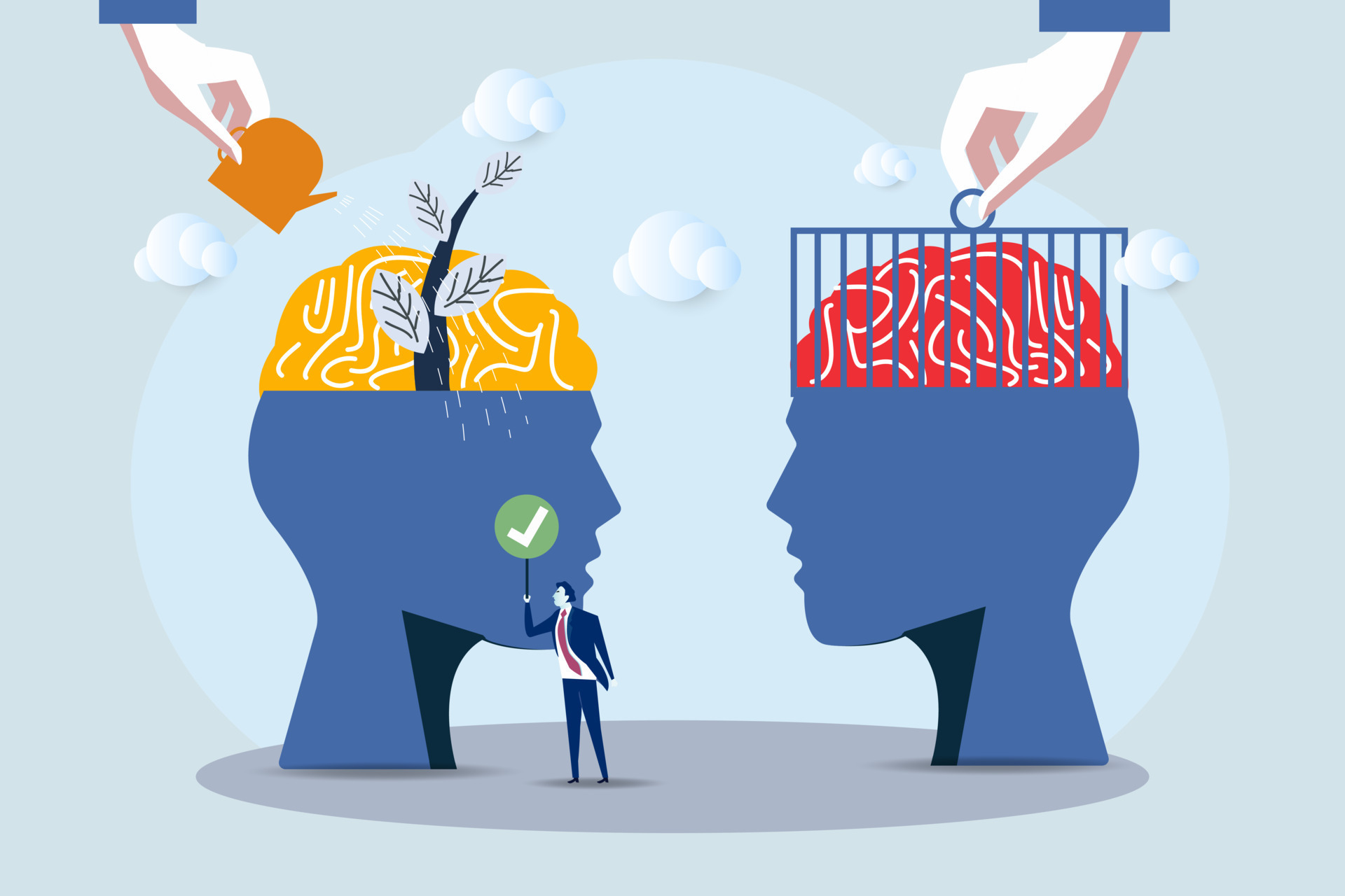 Businessman big head human think growth mindset different fixed mindset ... Businessman big head human think growth mindset different fixed mindset ...