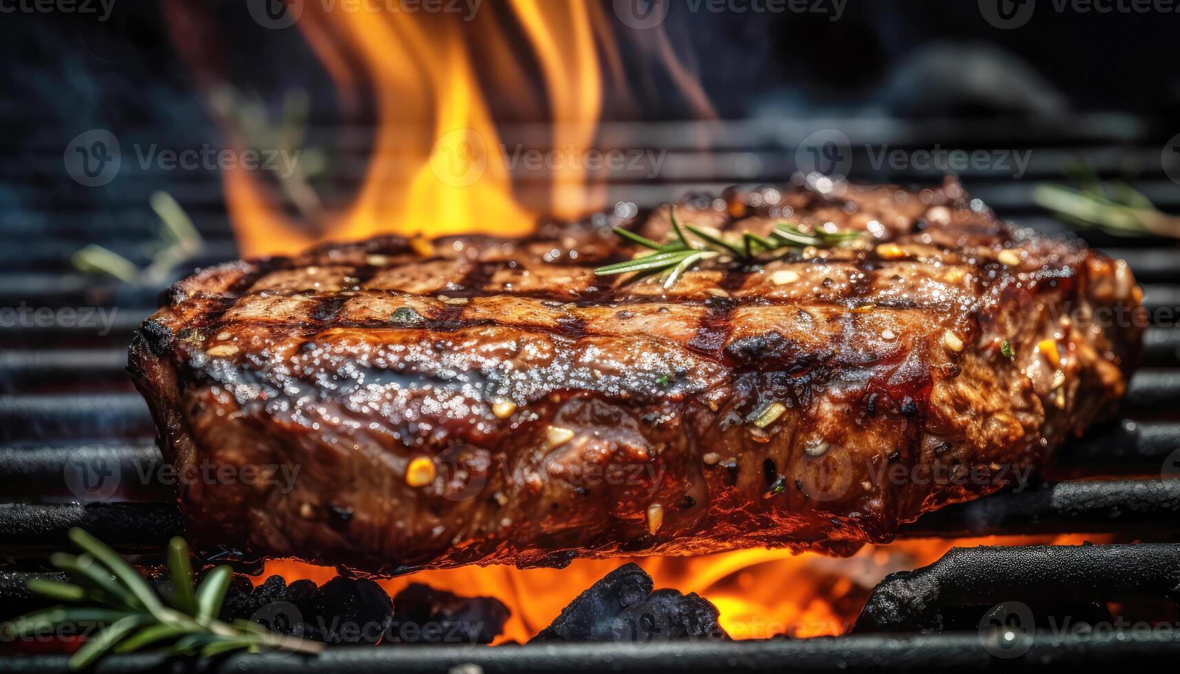 Close Up Of Grilled Steak On The Grill With Flame In Dark Black Background Food Recipe And