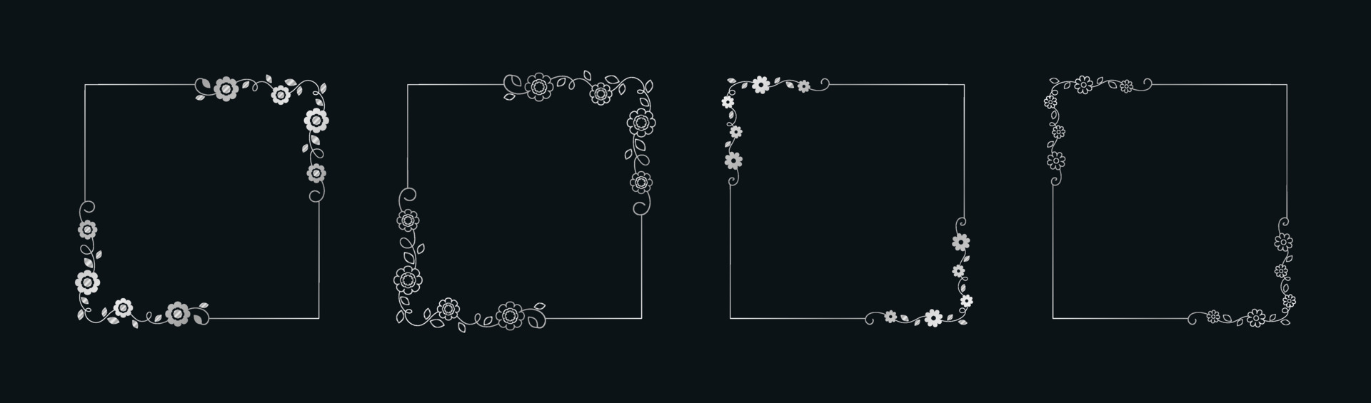 Silver floral square frame set. Elegant line border, leaves and flowers ...