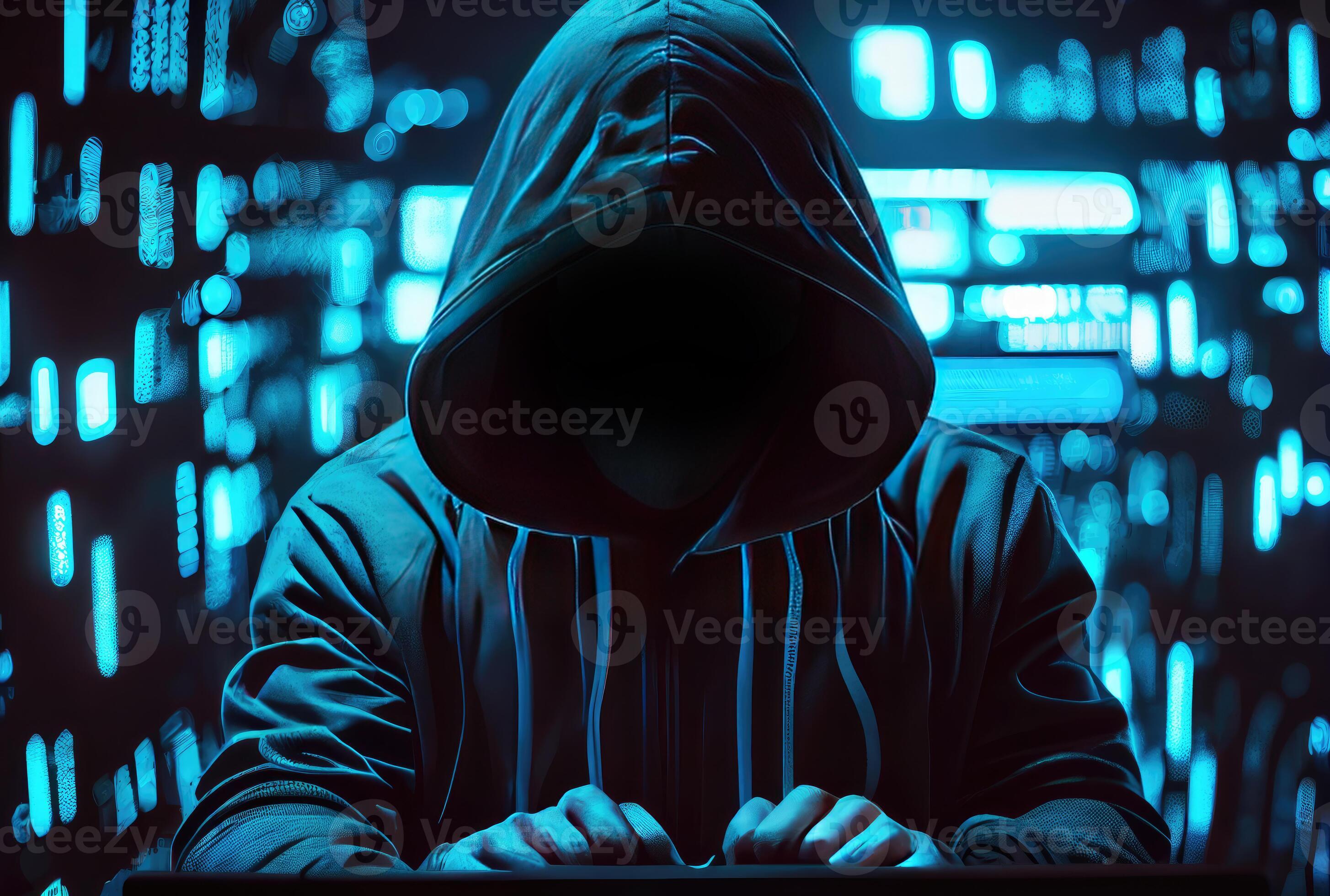 Hacker In The Black Hood In The Server Room Unrecognizable People