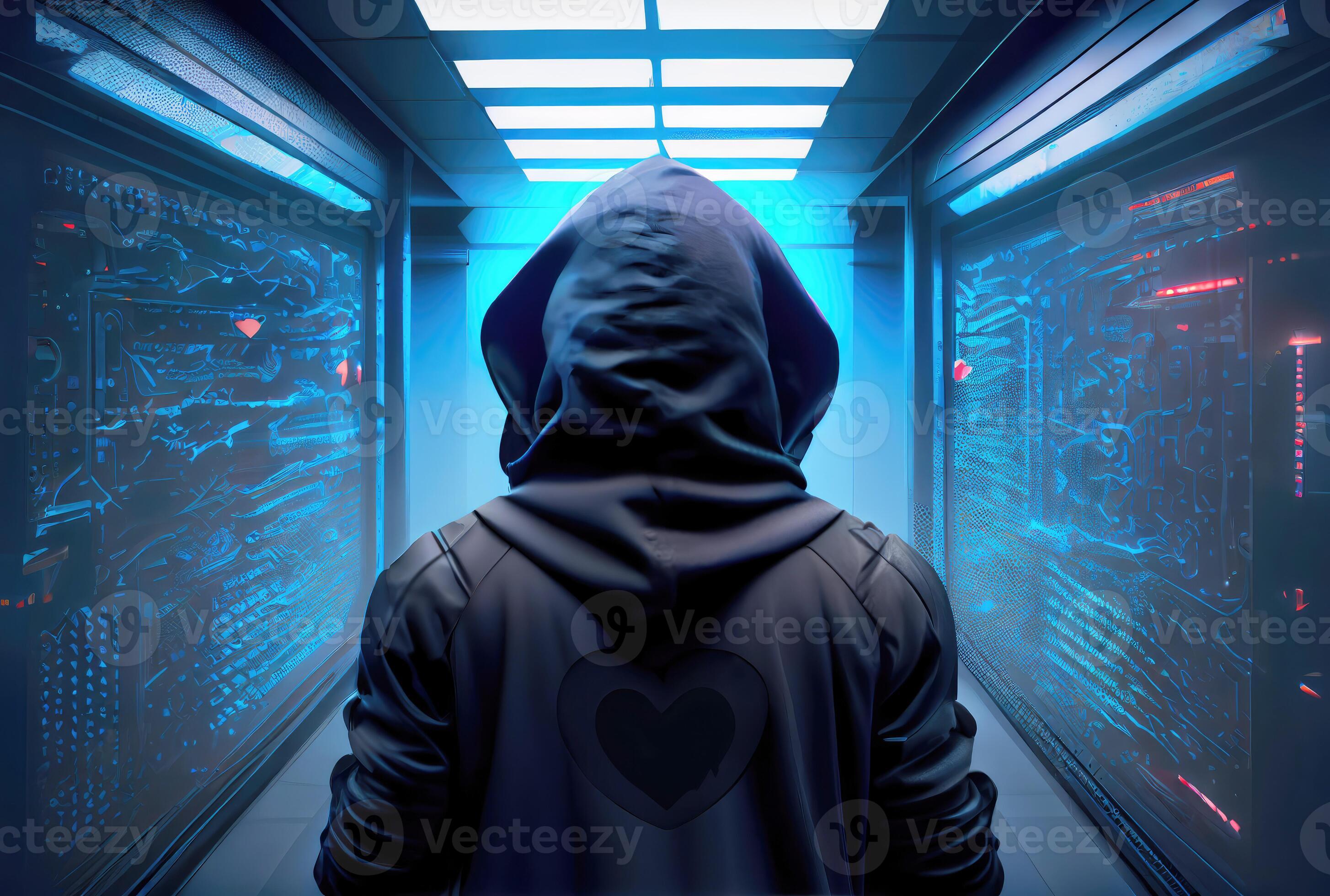 Hacker in the black hood in the server room. Unrecognizable people ...