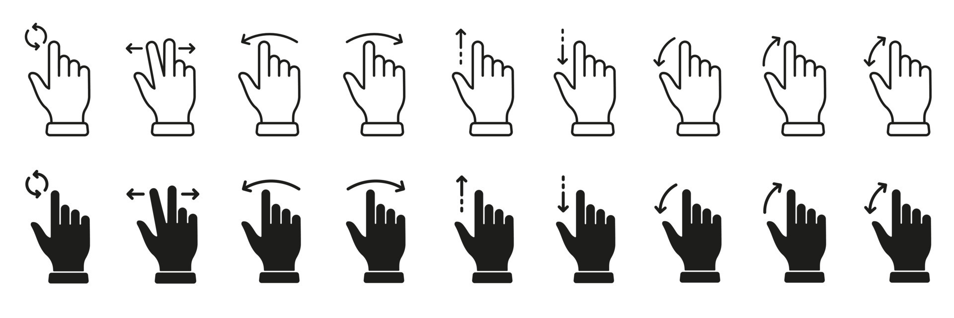 Computer Cursor, Pointer Icon Set. Hand with Finger Digital Mouse Click Line and Silhouette Sign ...