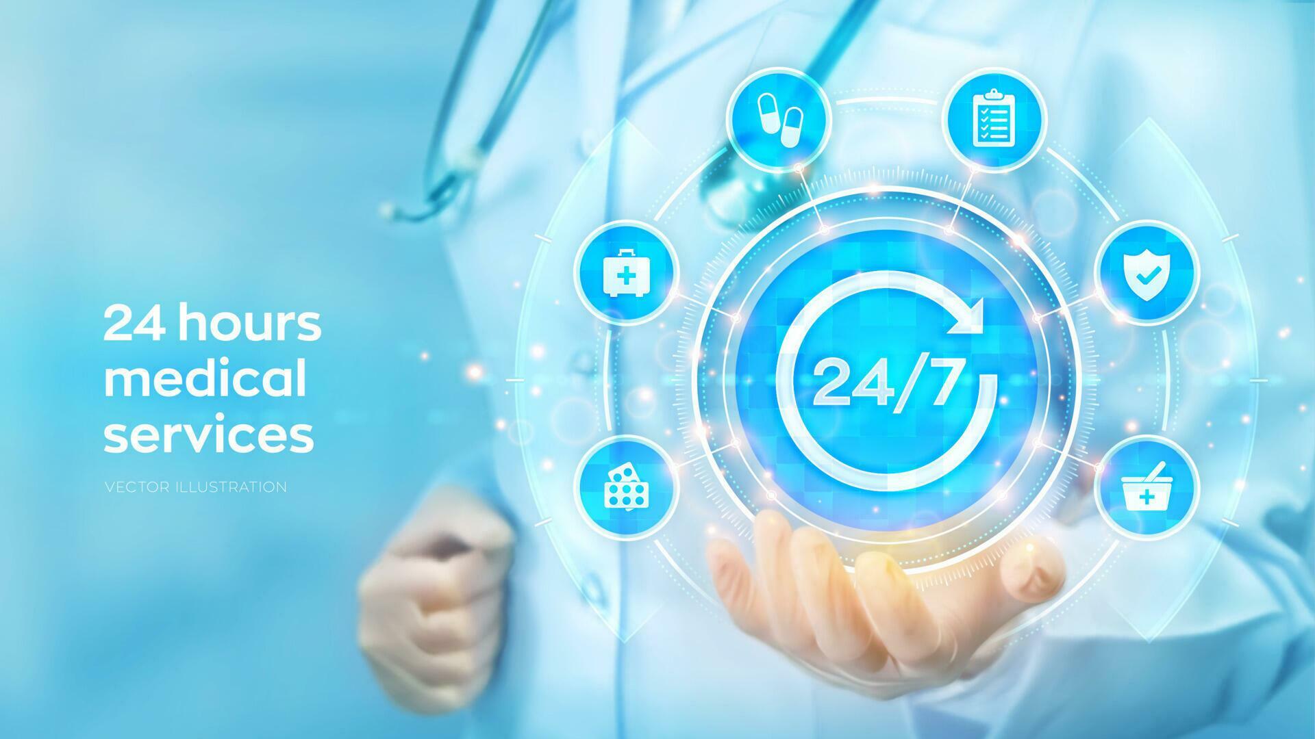 24 hours medical servises. 24-7 Medical call center. Emergency patient support. First aid ...