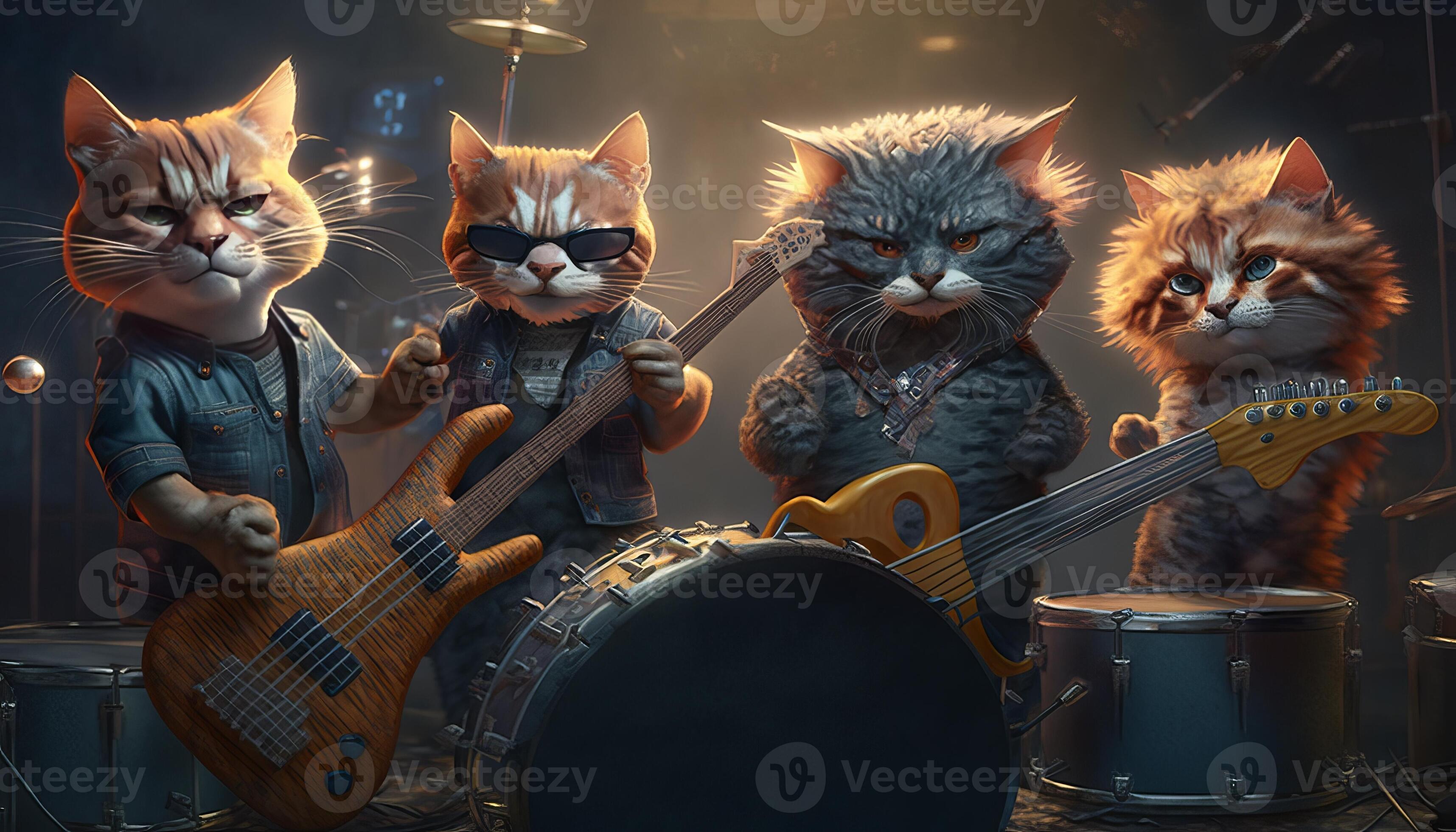 un musical rock banda consistente de cuatro gatos jugar pesado música en diferente instrumentos ...