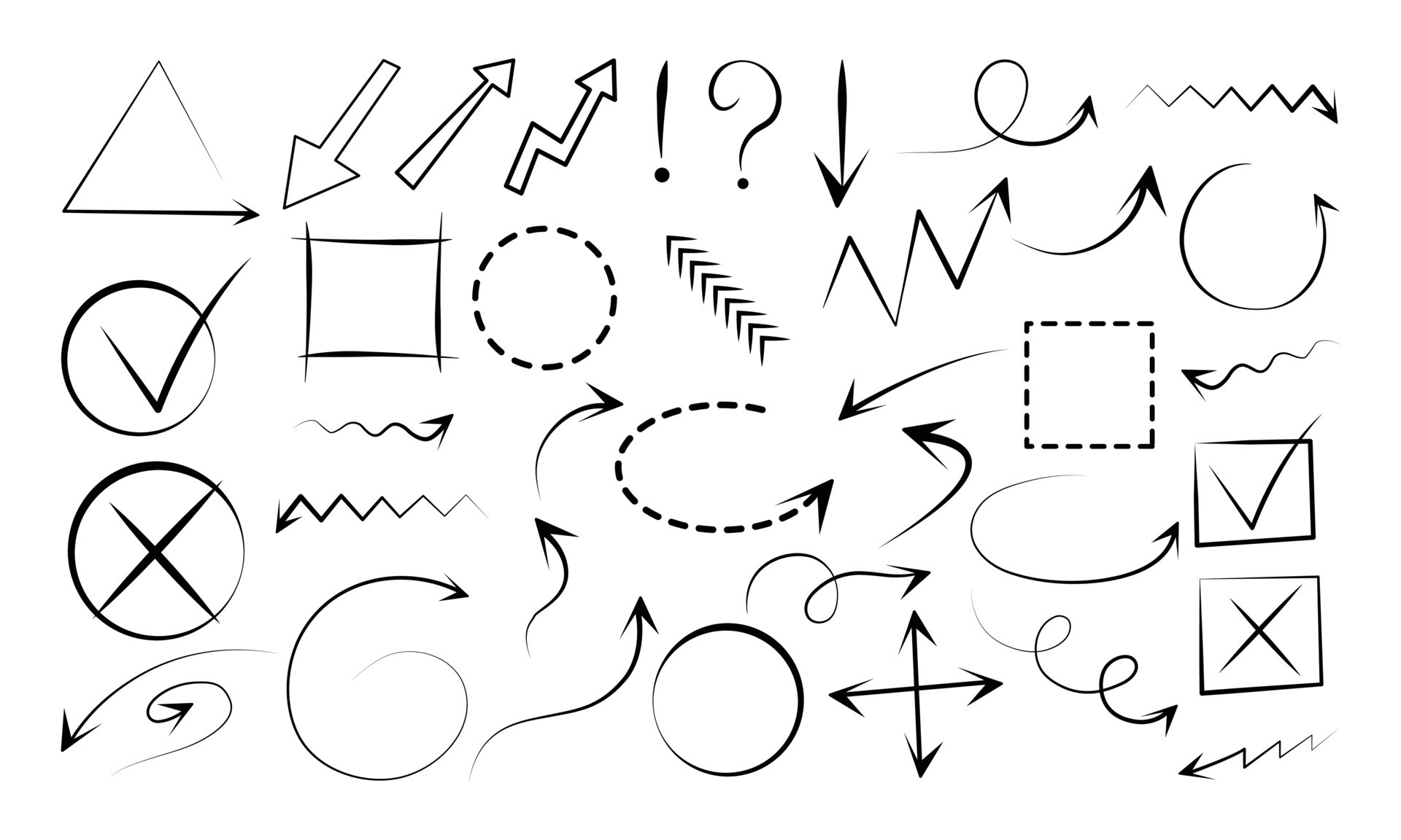 Set of black grunge hand drawn arrows isolated on white. Arrows big ... Set of black grunge hand drawn arrows isolated on white. Arrows big ...