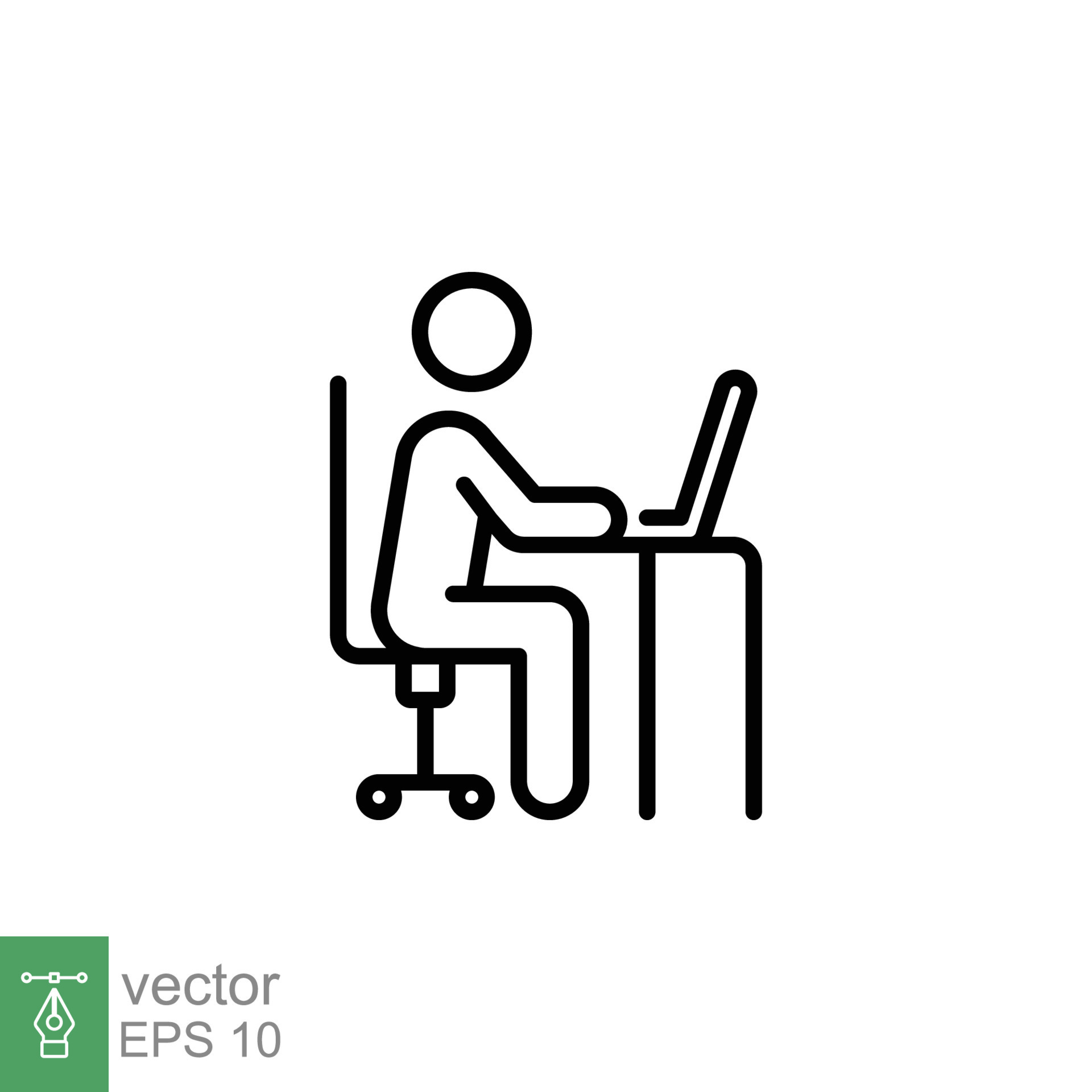 Man Behind Computer Desk Icon Simple Outline Style Person Work Laptop Table Chair Office