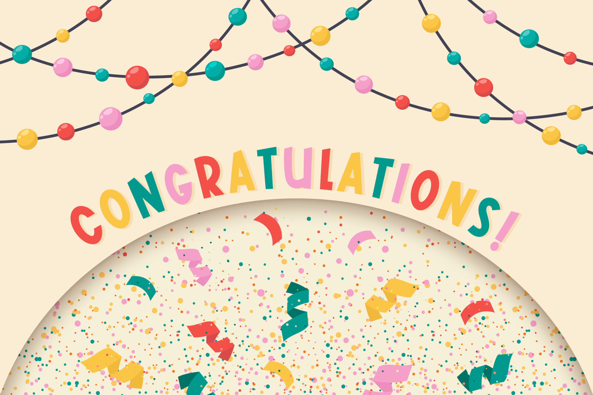 Congratulations banner. Colorful festive template with light, confetti, greeting lettering ...