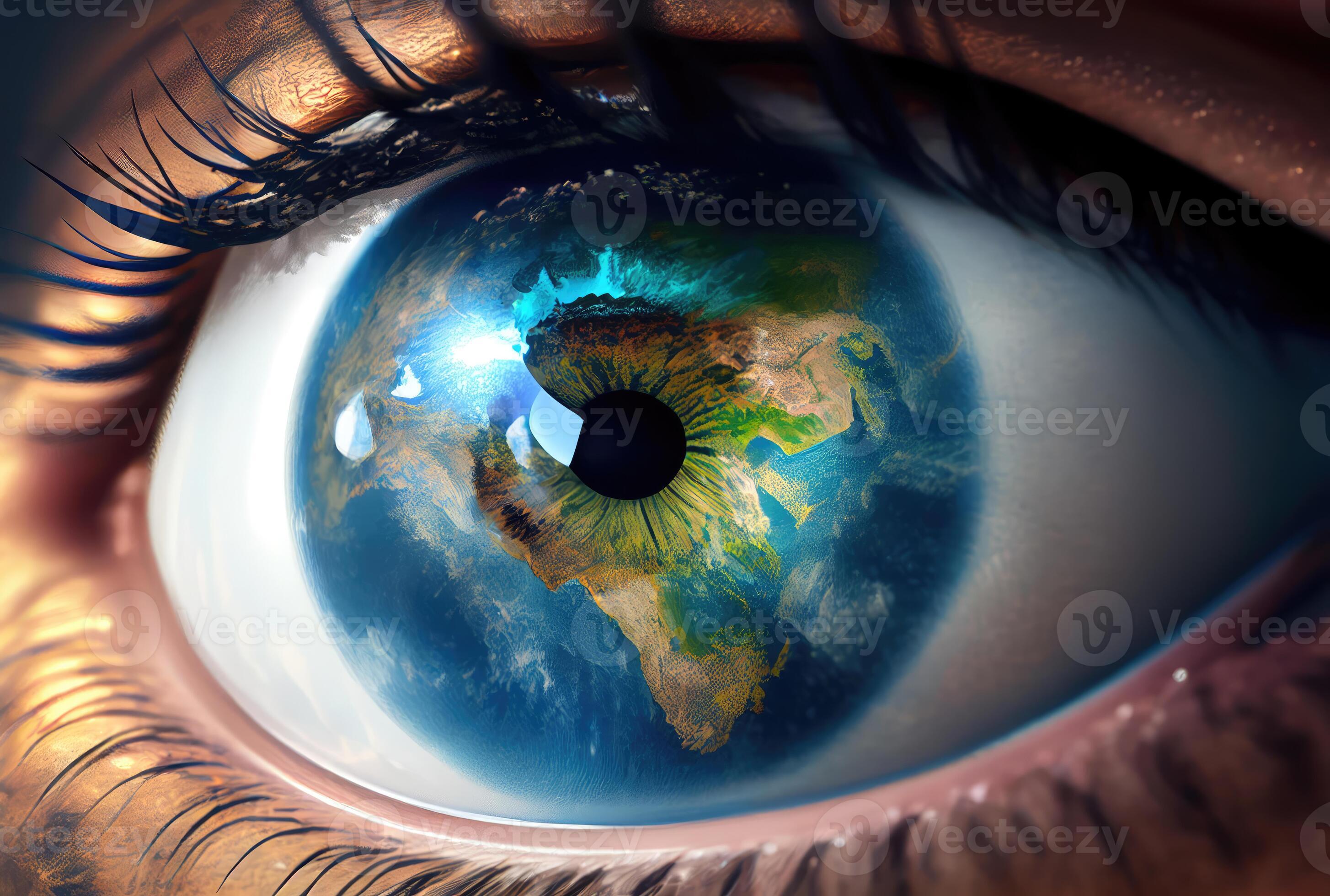 Closeup eye with the earth reflection. Earth day and World water day concept. Environmental ...