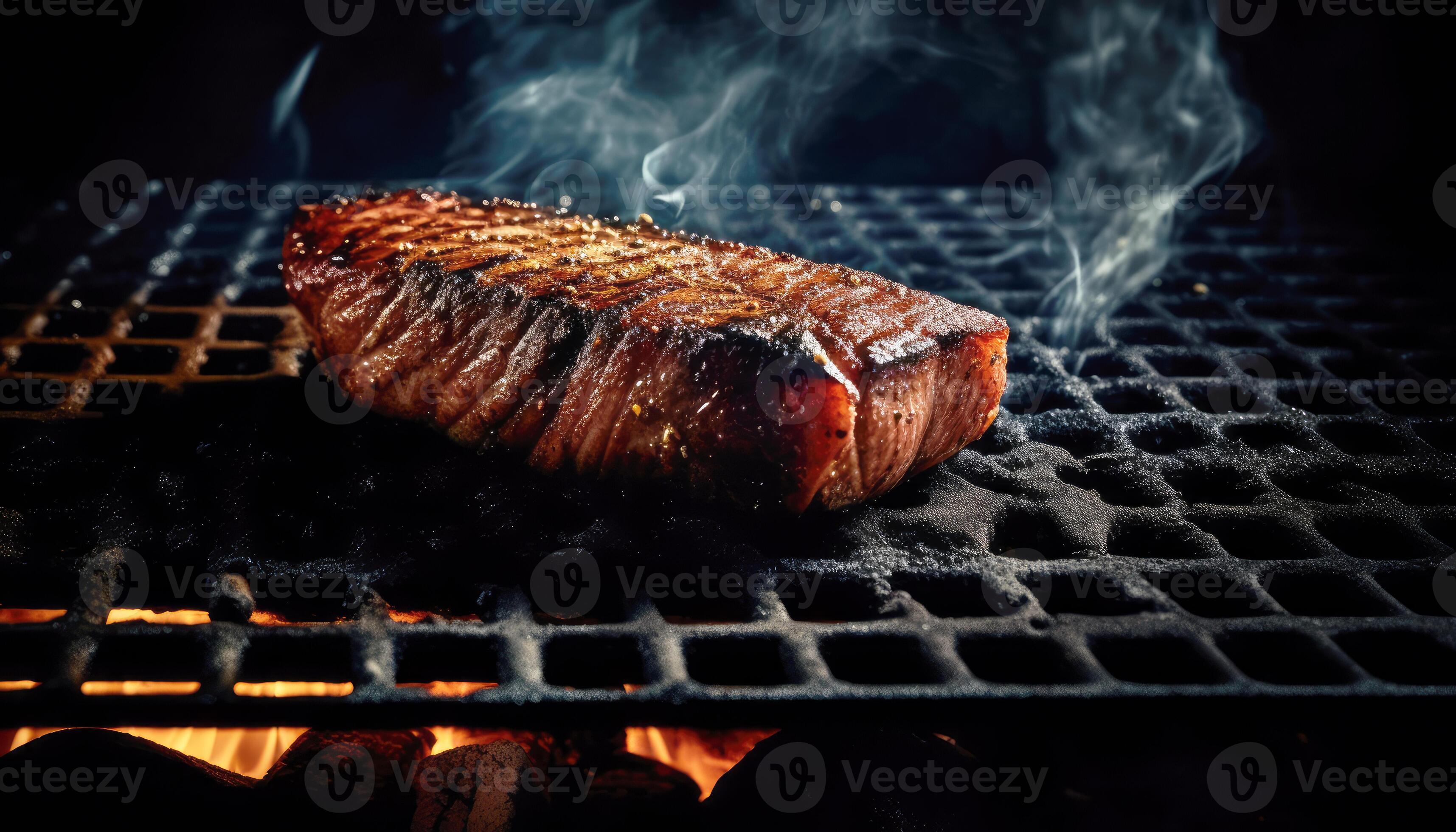 Close up of Grilled steak on the grill with flame in dark black ...