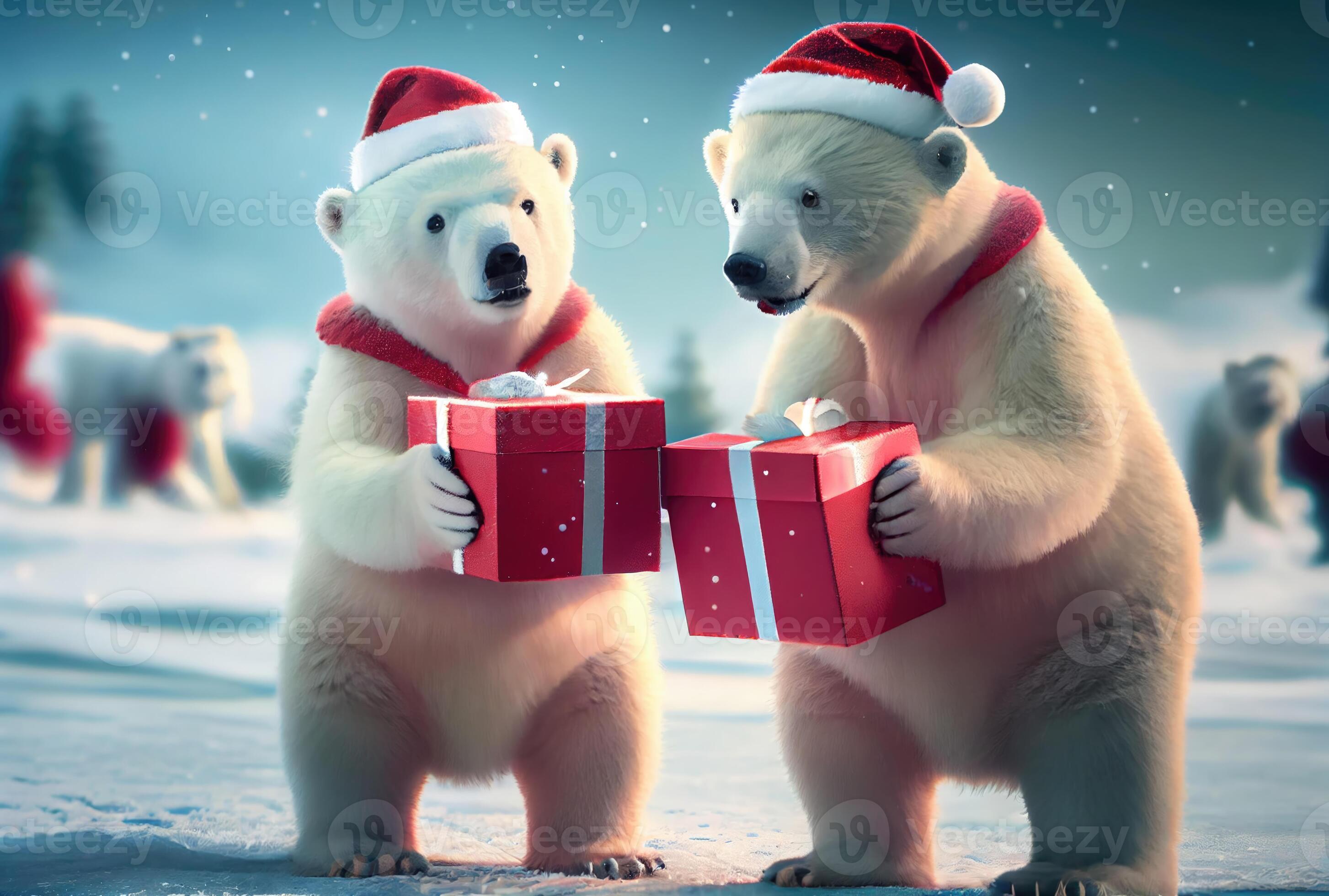 Two polar bears giving gift box together in the north pole with snowy ...