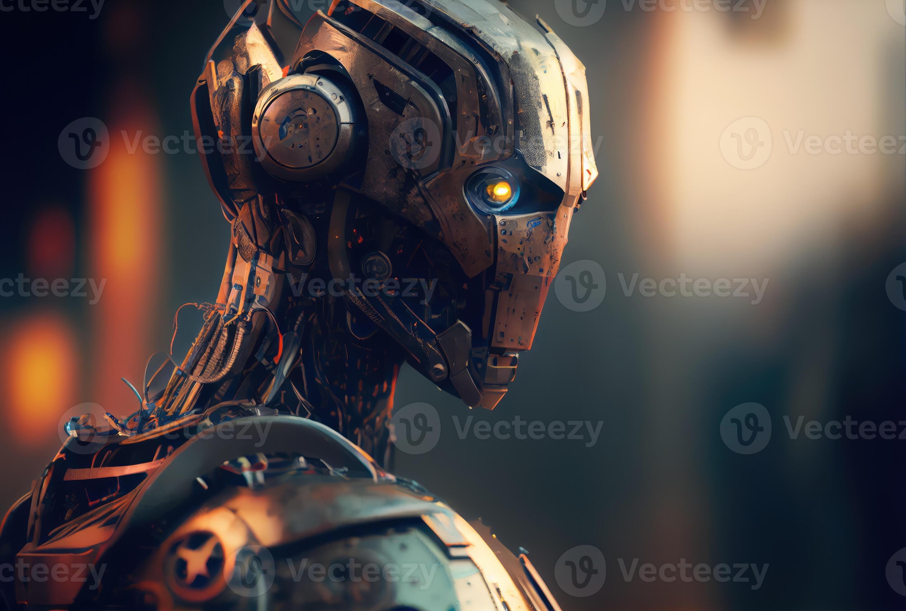 A humanoid robot sits contemplating on the side of a city street. Technology and Artificial ...