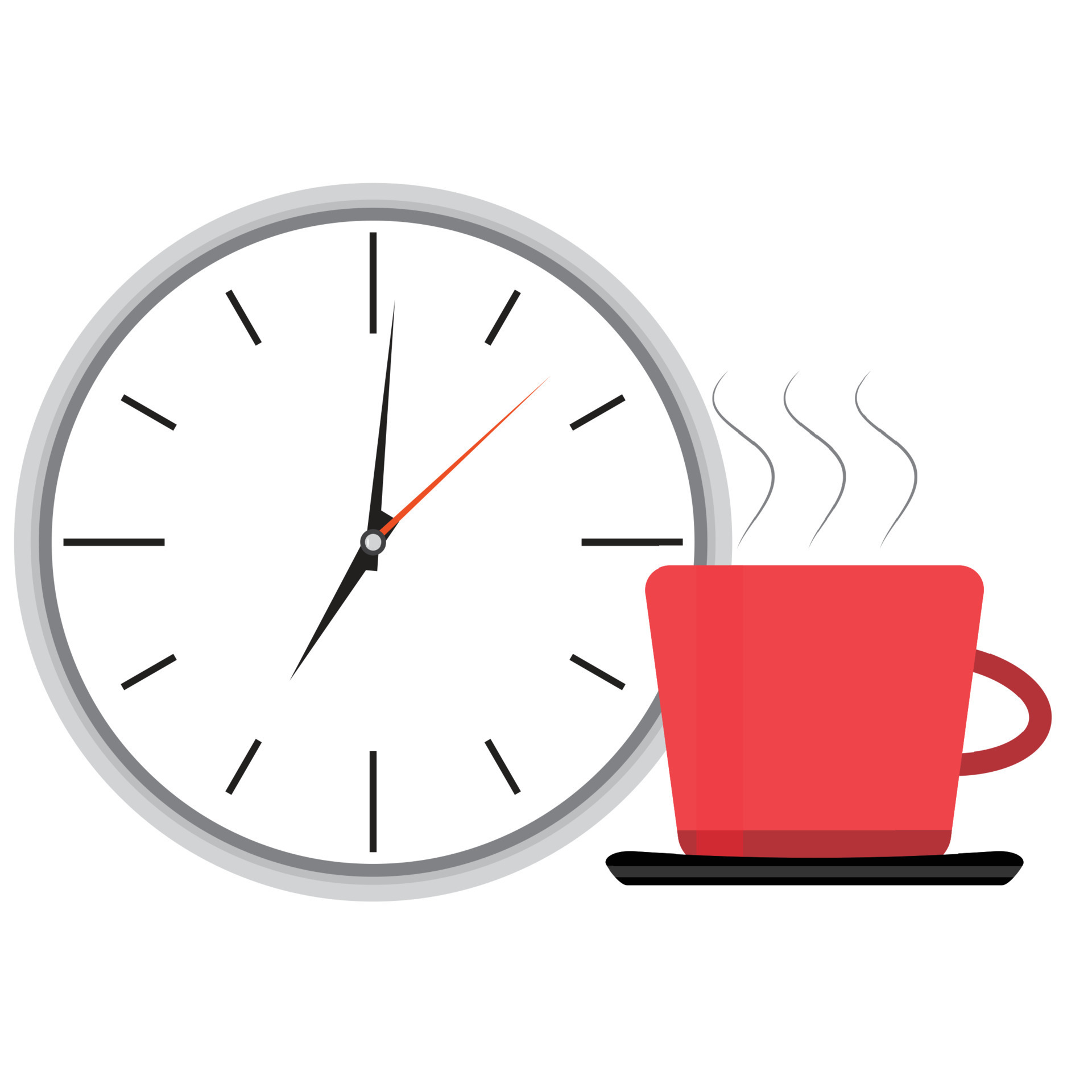 Wake up clock and cup of coffee. Wake up happy, morning waking up, get up vector illustration ...