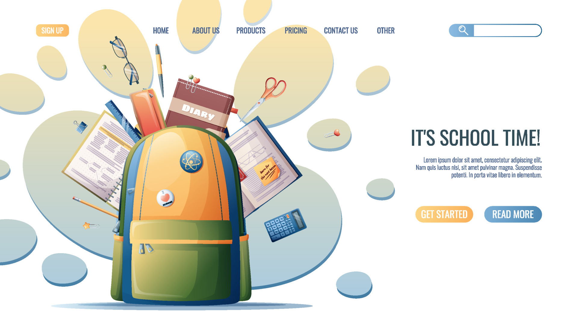 Landing page template with briefcase and flying school items.Back to ...