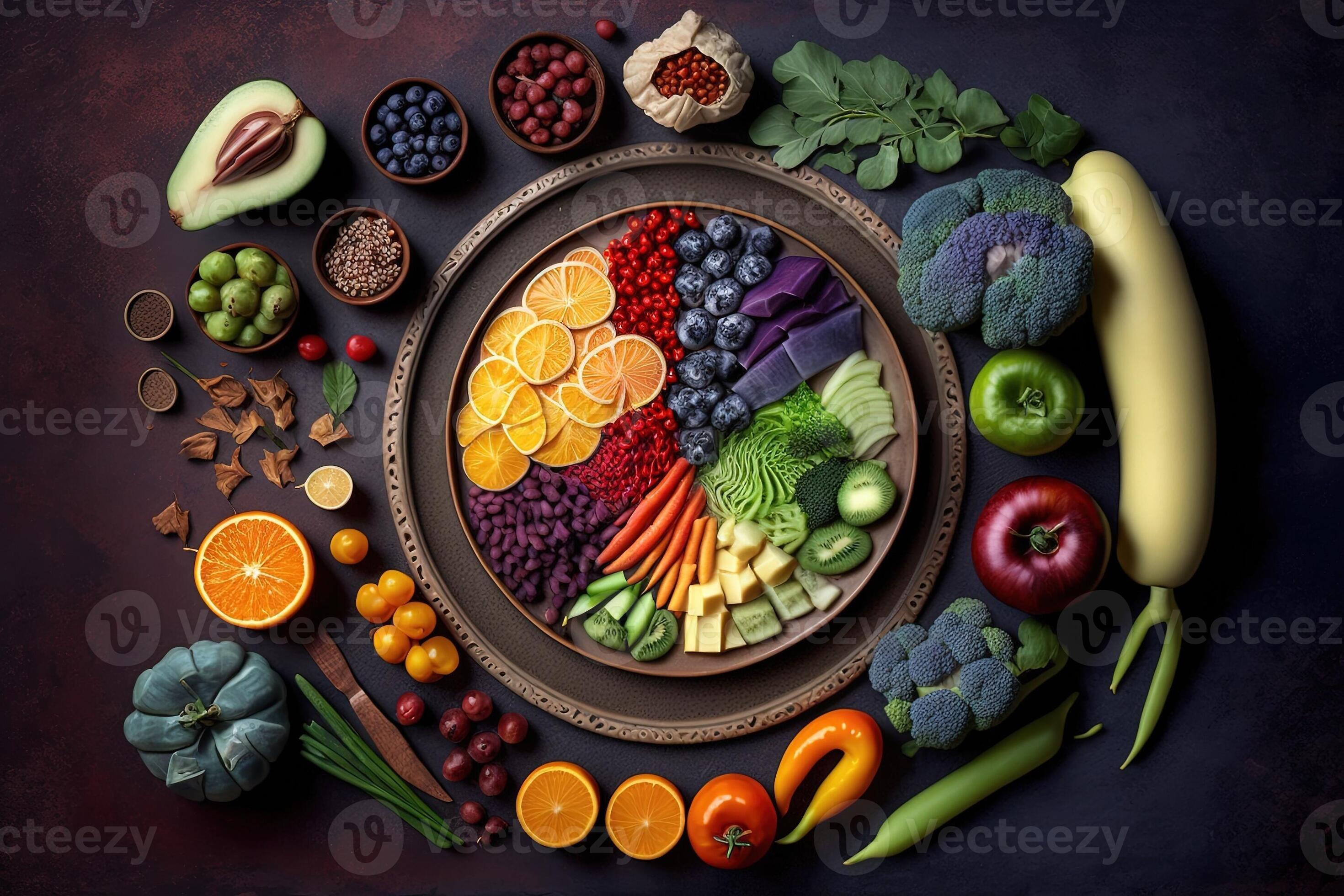 Top view of a healthy meal consisting of fresh fruits, vegetables, and ...