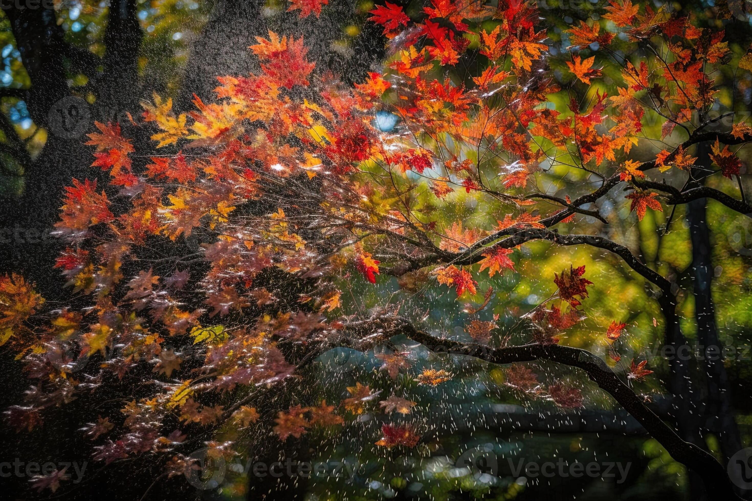 Burst of colorful leaves exploding from a tree branch illustration ...