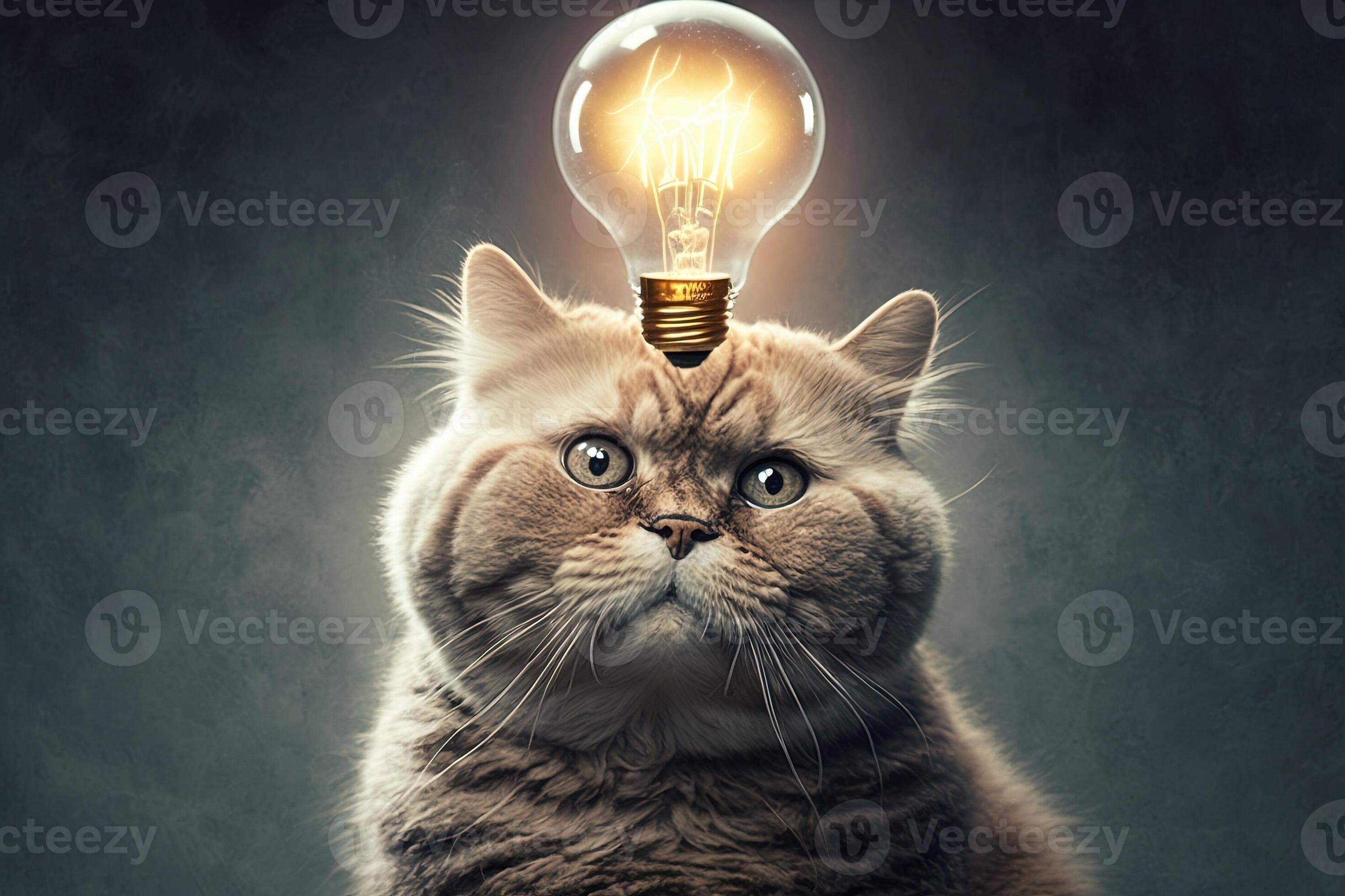 Cat genius with idea bulb lamp light above head illustration 23933632 ...