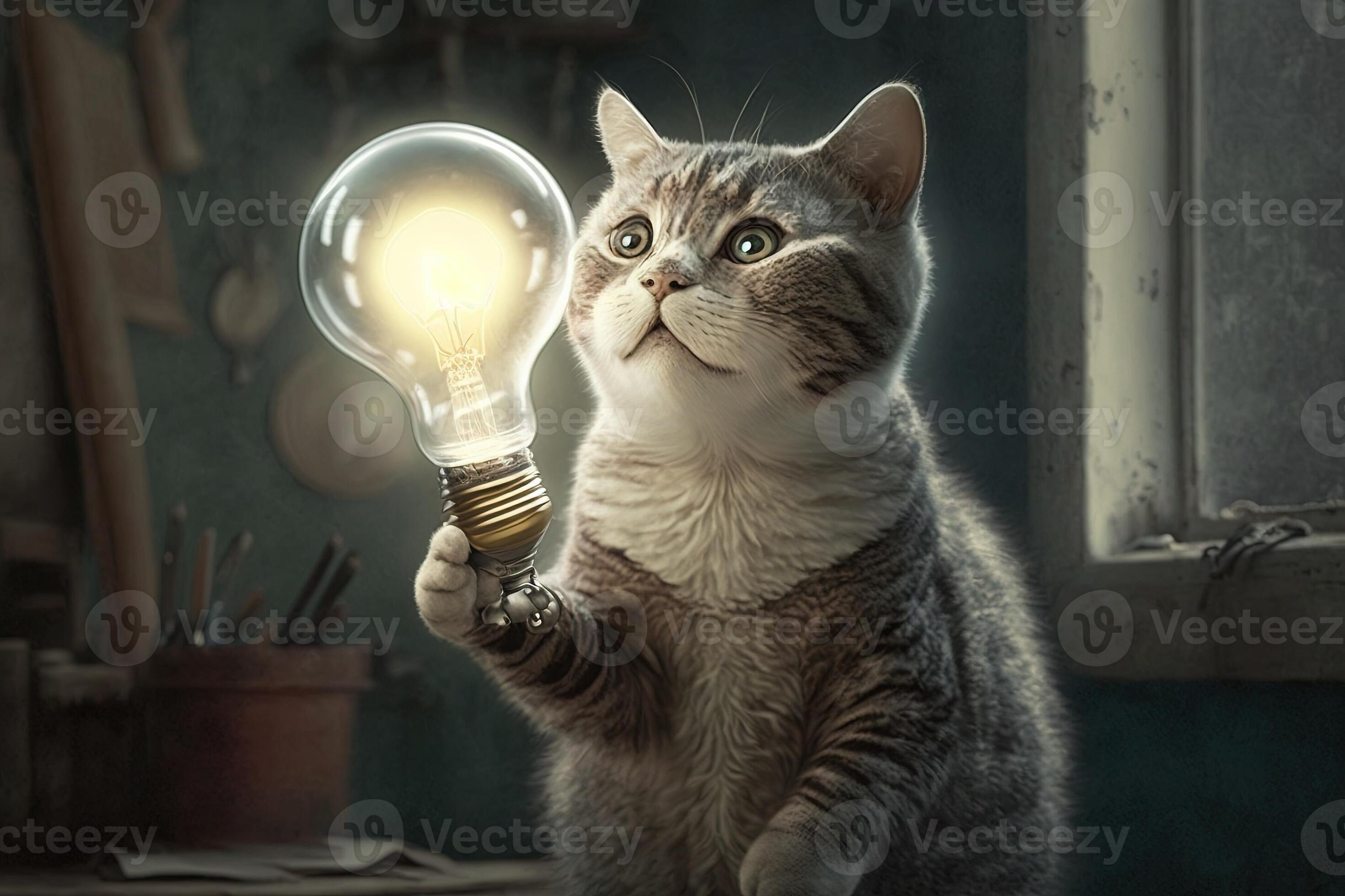 Cat genius with idea bulb lamp light above head illustration 23933655 ...