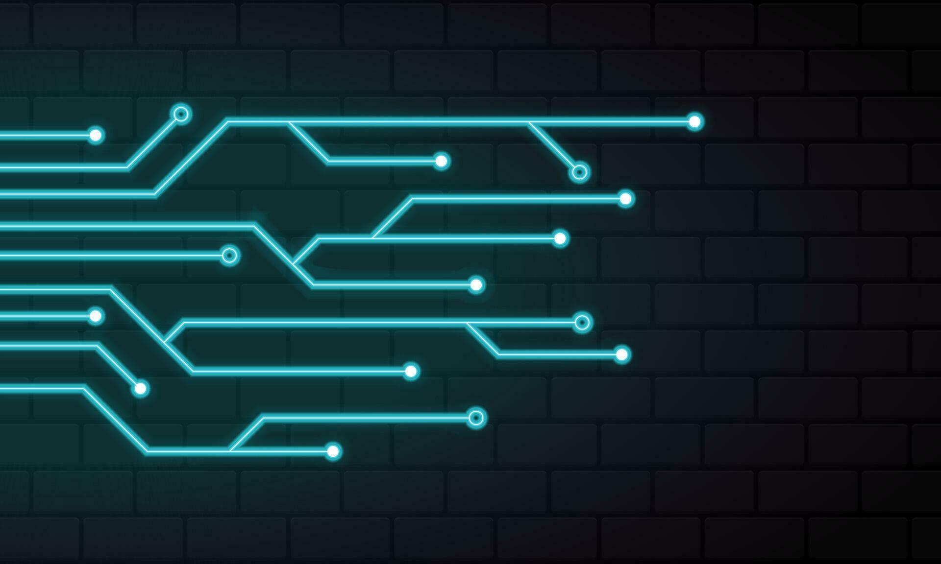 Glowing blue neon circuit board lines. Abstract technology neon circuit ...