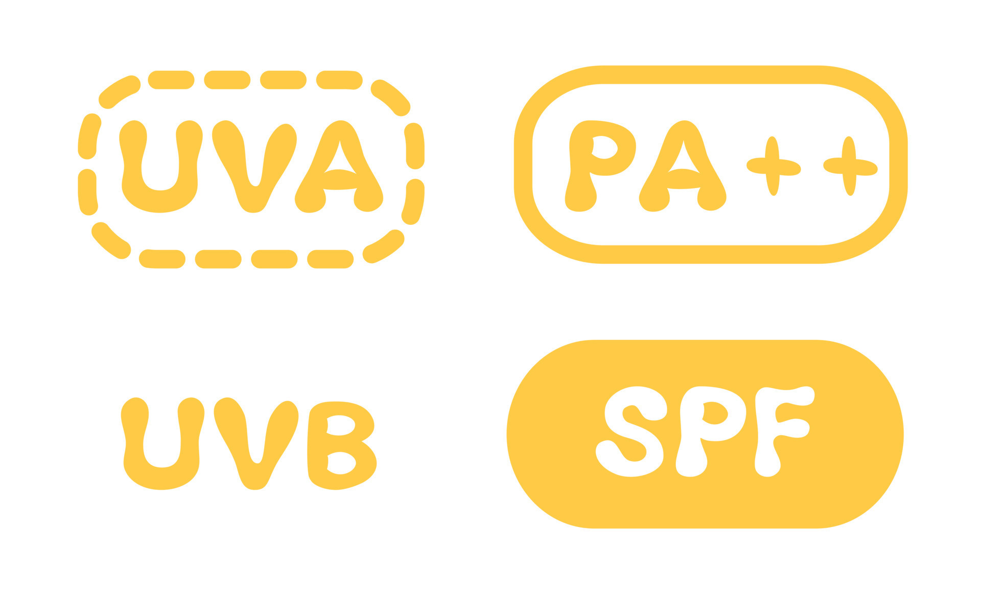 Set of UVA, UVB, SPF, PA icons in cute cartoon flat style. Symbols for ... Set of UVA, UVB, SPF, PA icons in cute cartoon flat style. Symbols for ...