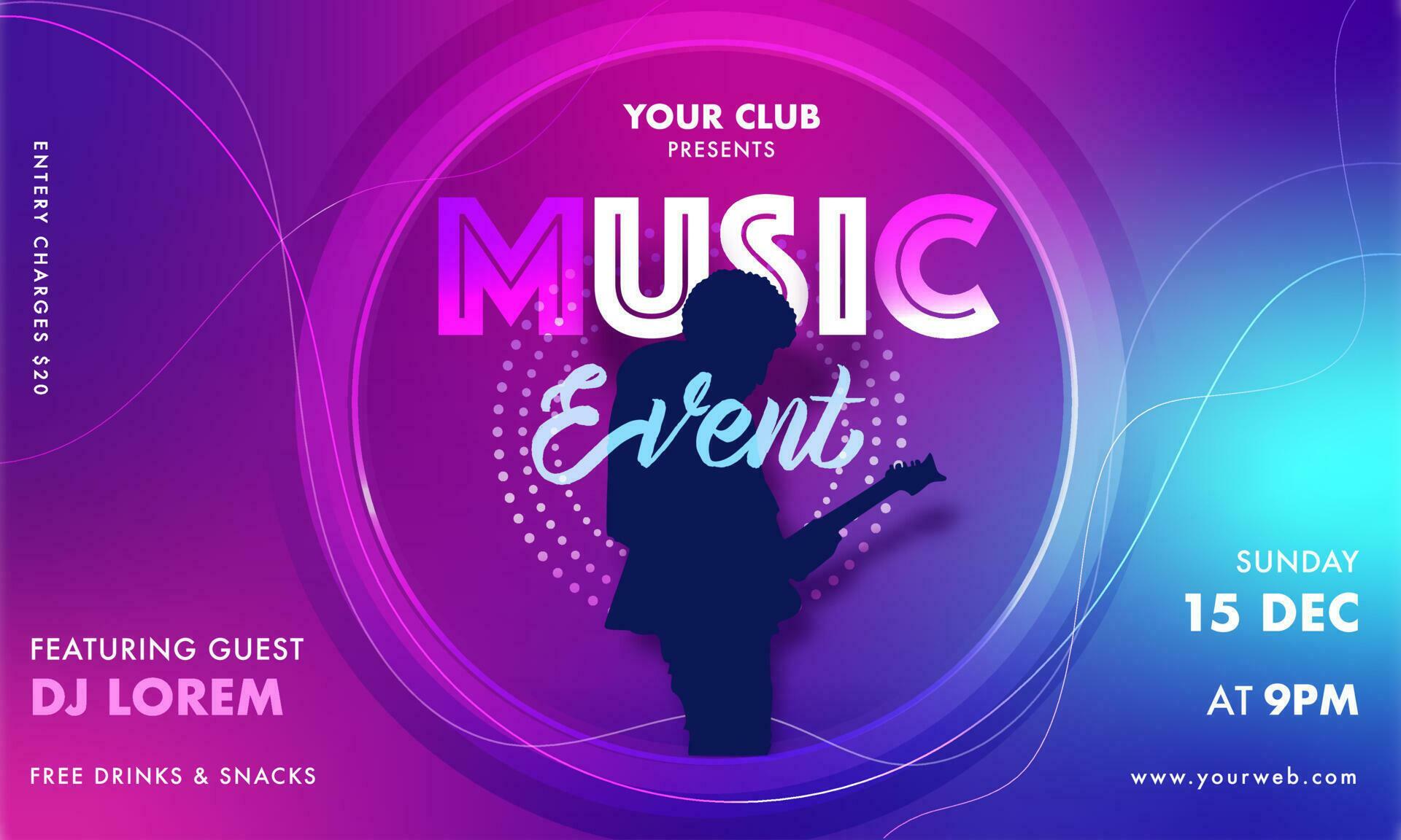 Music Event Invitation, Flyer or Banner Design with Silhouette Singer Playing Guitar on Gradient ...