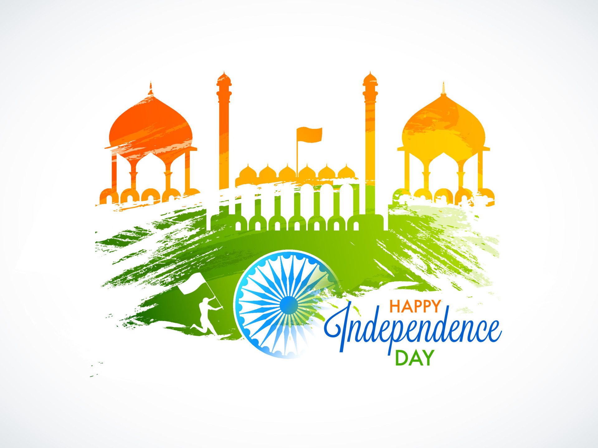 Creative Red Fort Monument in Saffron and Green Brush Stroke with Ashoka Wheel on White ...