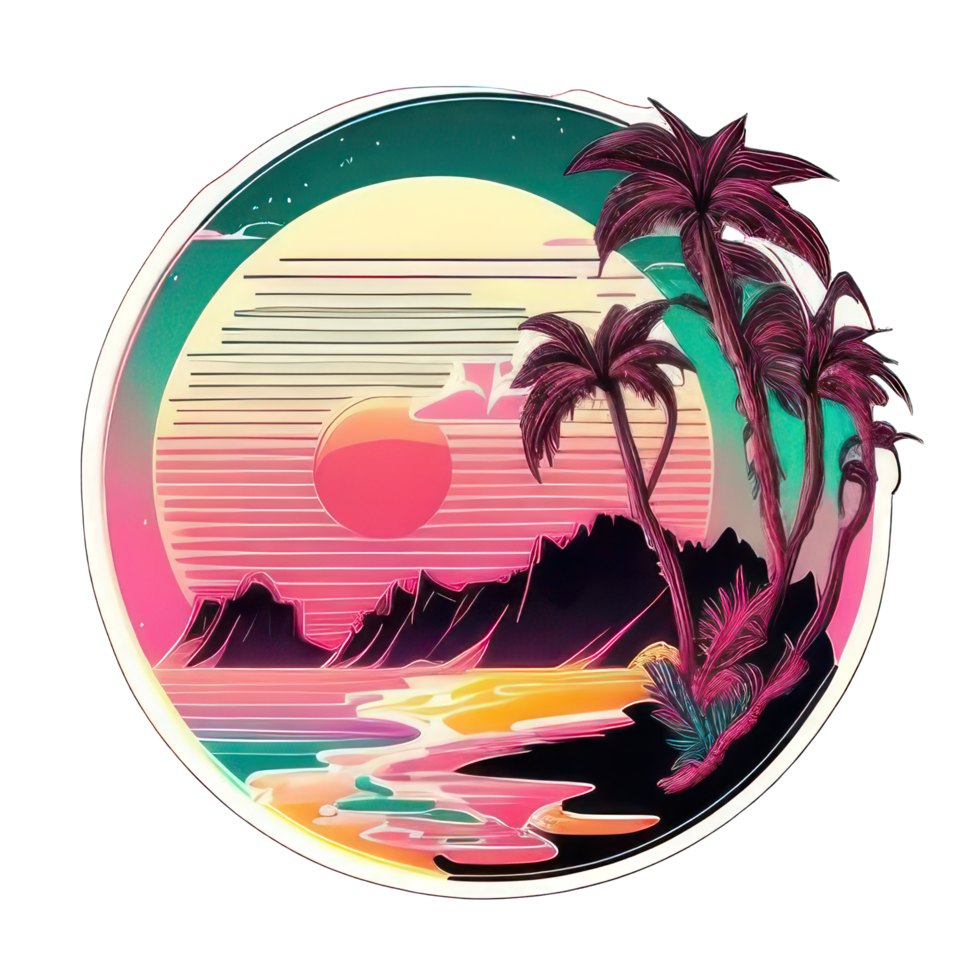 Colorful Sunset On The Tropical Island Beautiful Ocean Beach With Palms And Yacht Illustration