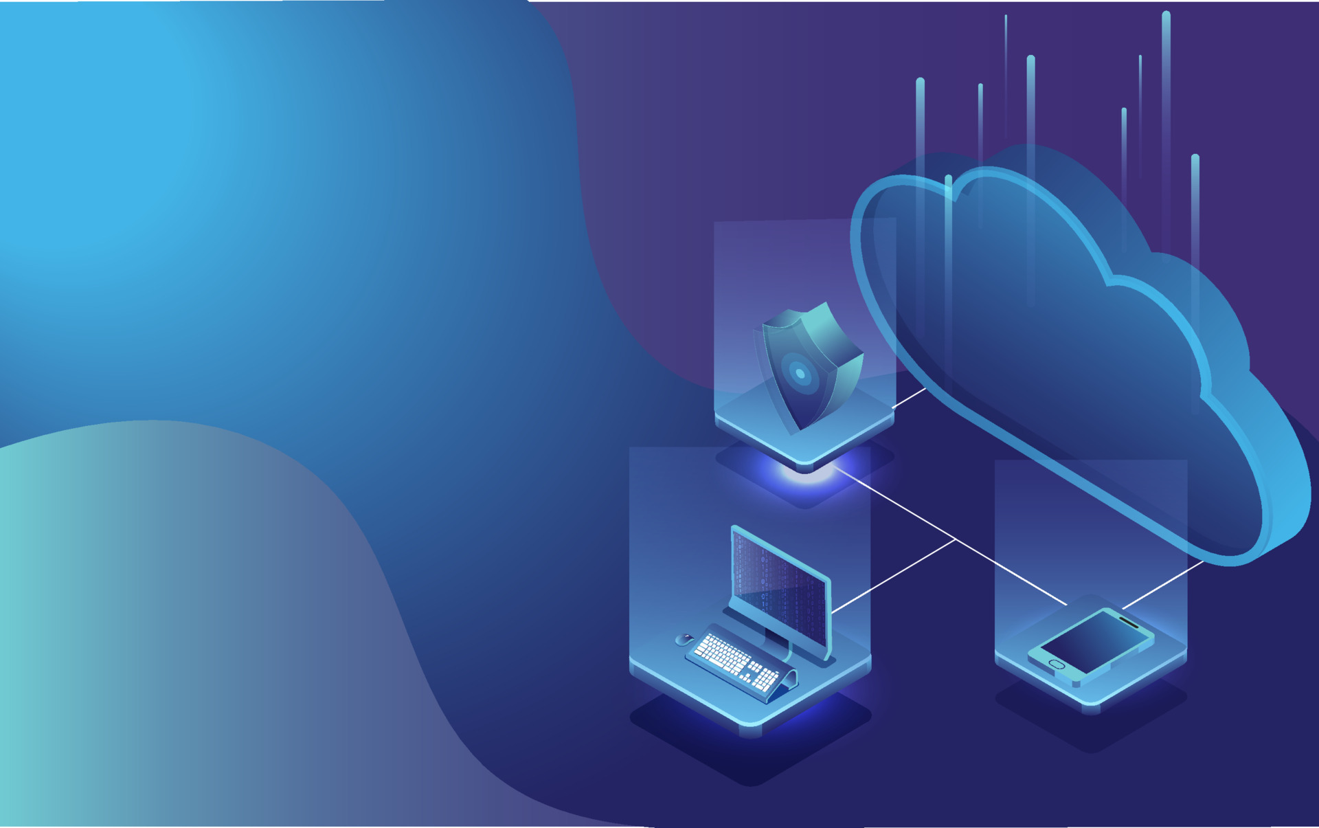 3D isometric illustration of security shield connected with pc and ...