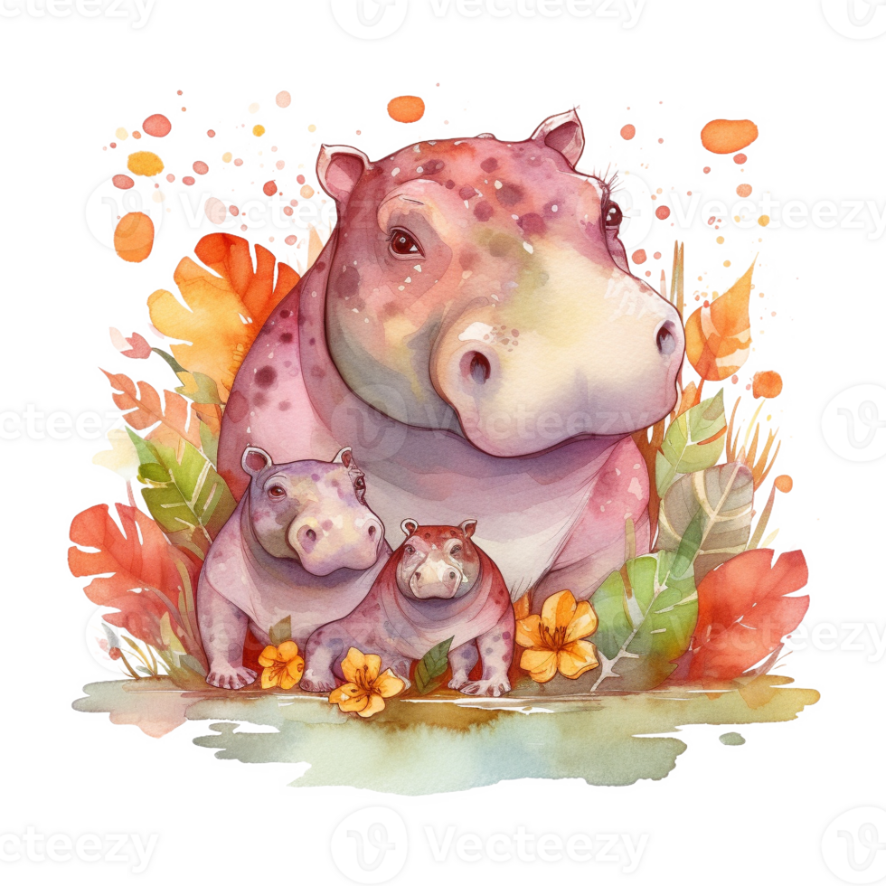 Mom and Baby Hippo Watercolor Art, 23957758 PNG