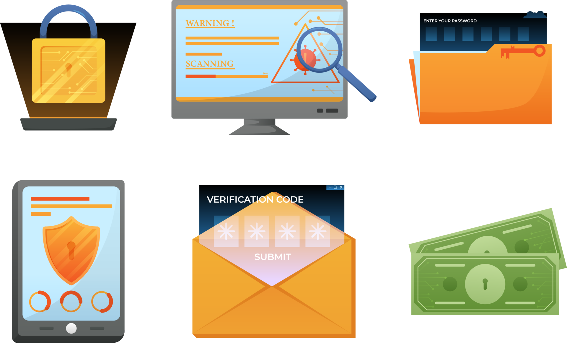 Digital Data Protection Design Element Set Cyber Security Illustration Set Cloud Computing