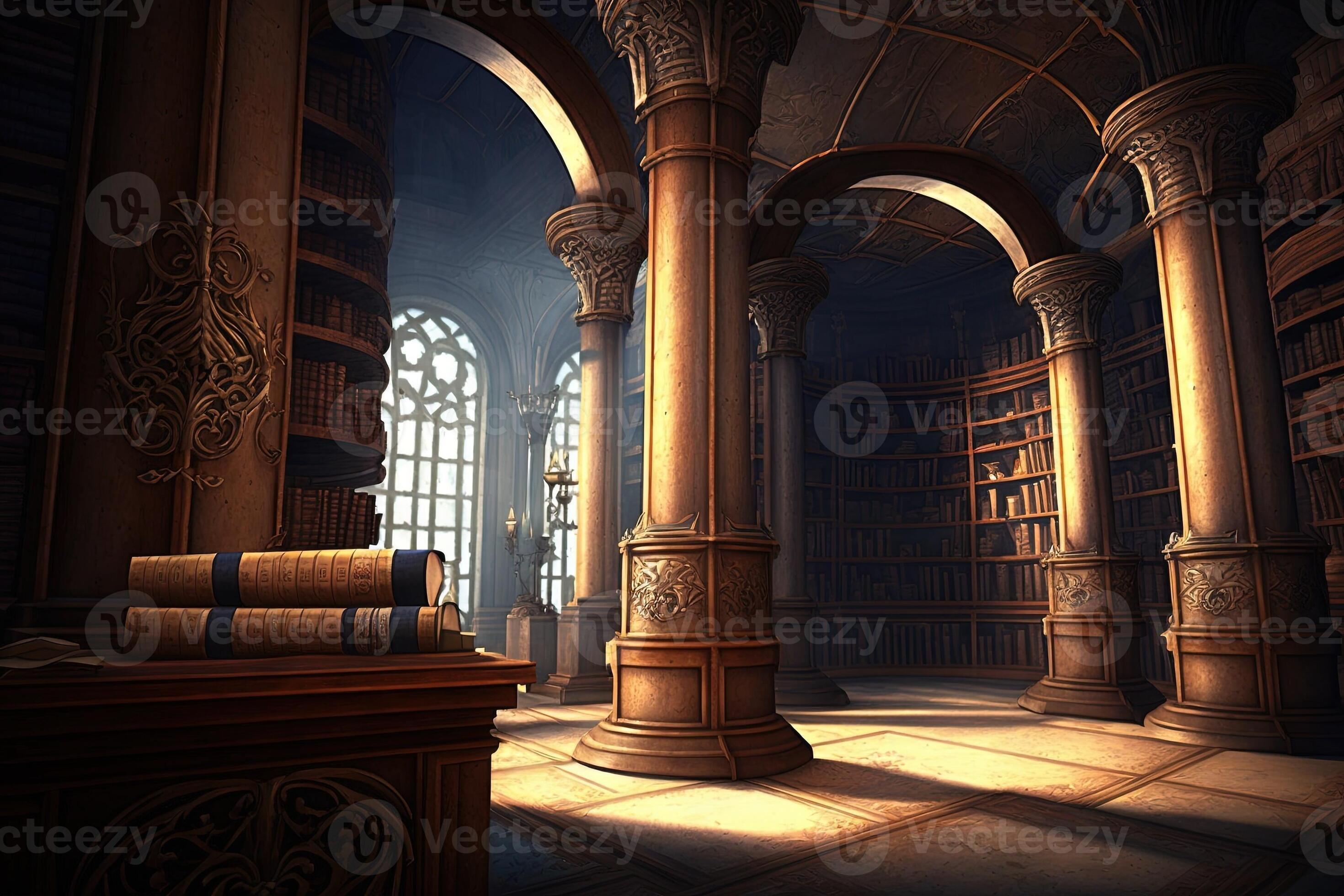 Library of magic. Old scroll library. Stack of ancient scrolls. Medieval manuscripts library ...
