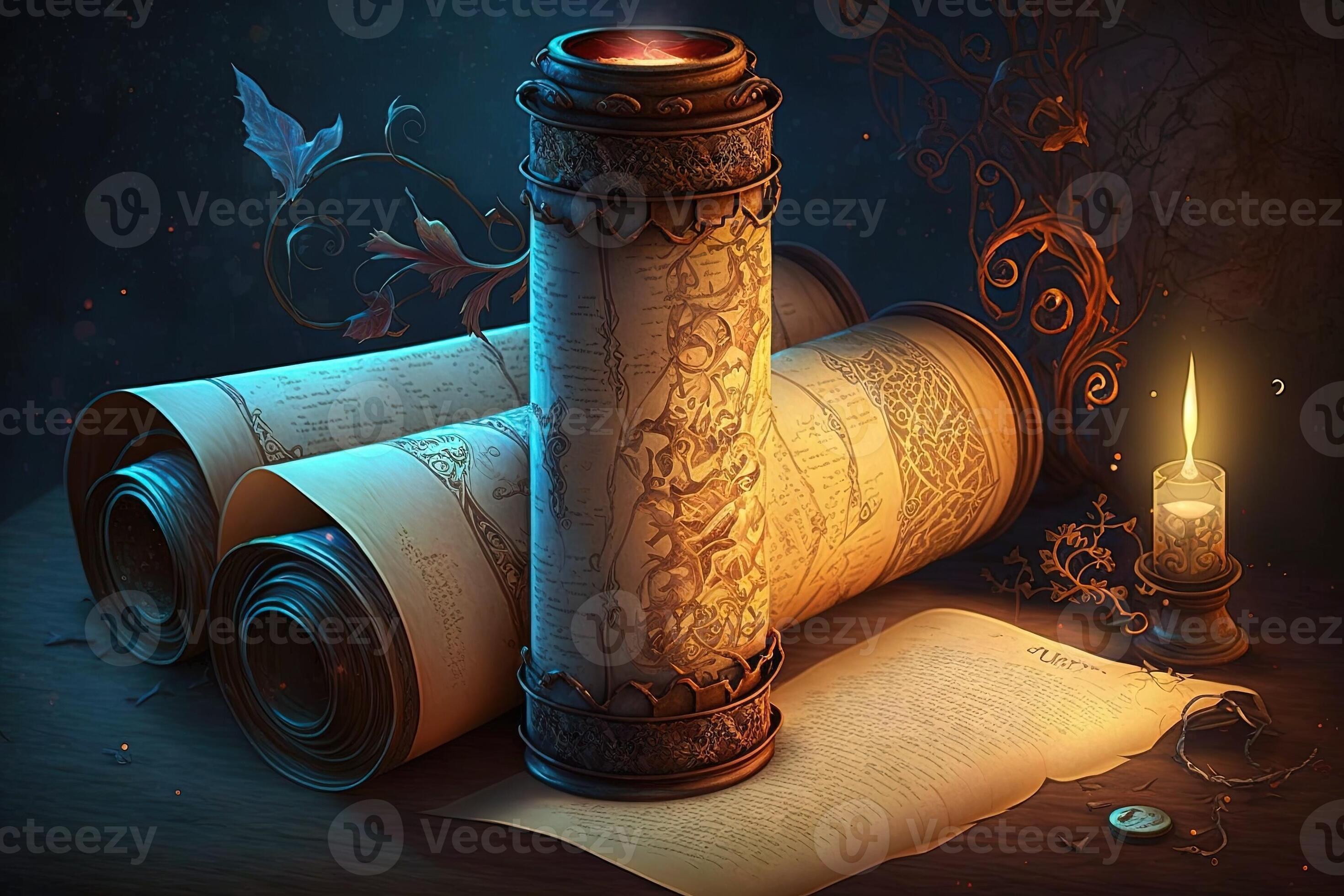 Library of magic. Old scroll Medieval manuscripts library illustration ... Library of magic. Old scroll Medieval manuscripts library illustration ...