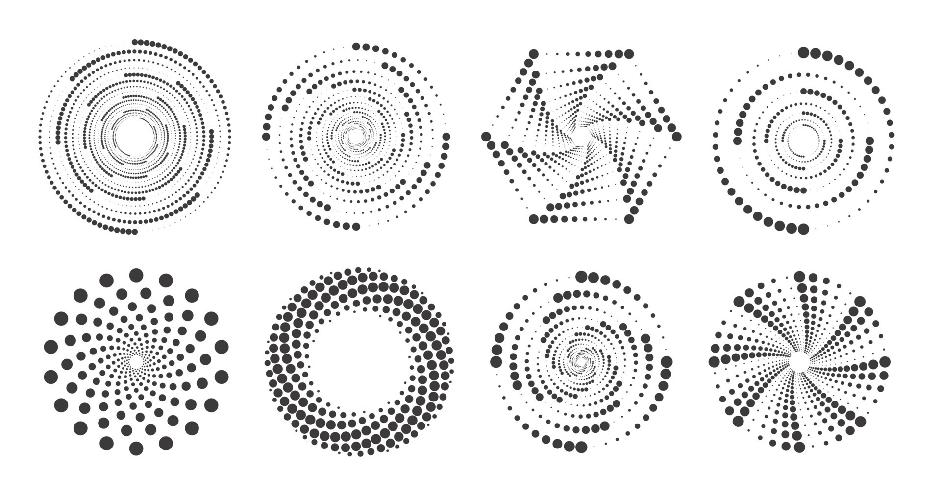 Dotted Circles Pattern Abstract Half Tone Graphic Set Circular Textured Round Spiral Frames
